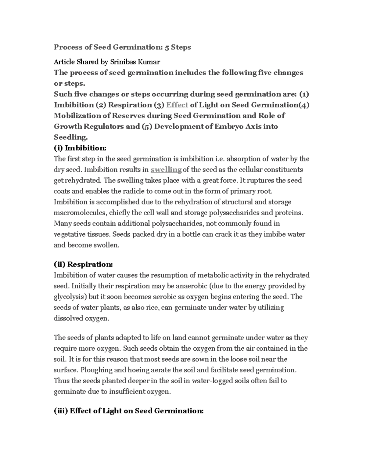 Process of Seed Germination - Such five changes or steps occurring ...