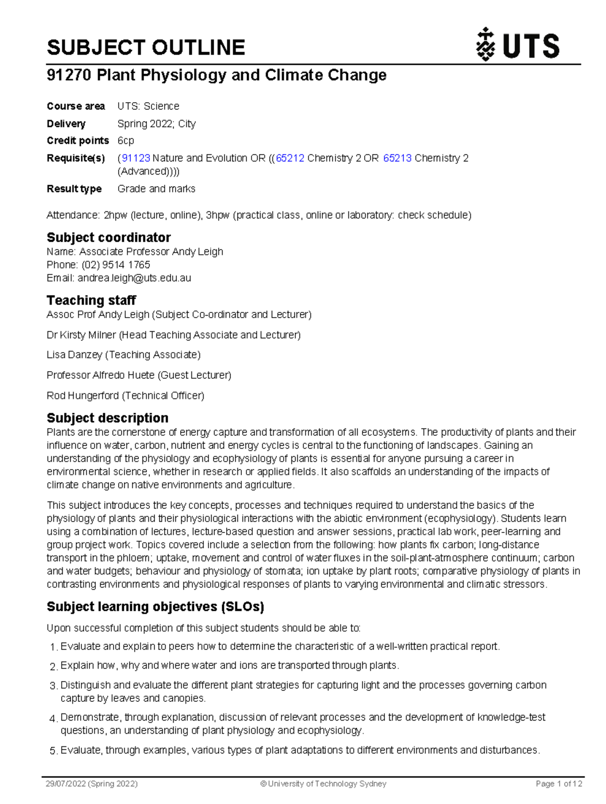 PDFs - Subject Outline - SUBJECT OUTLINE 91270 Plant Physiology and ...