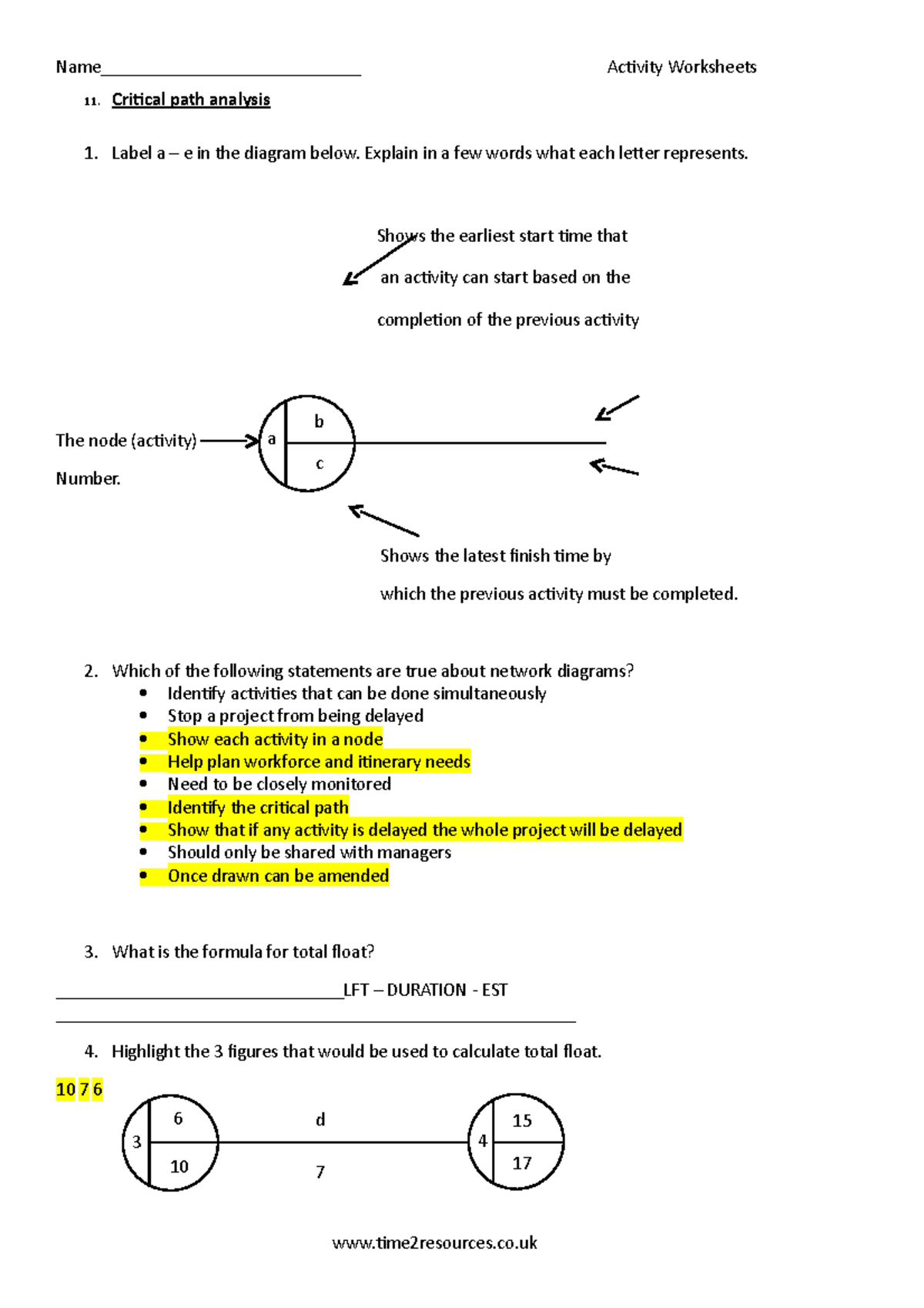 11 Critical path analysis - Name____________________________ Activity ...