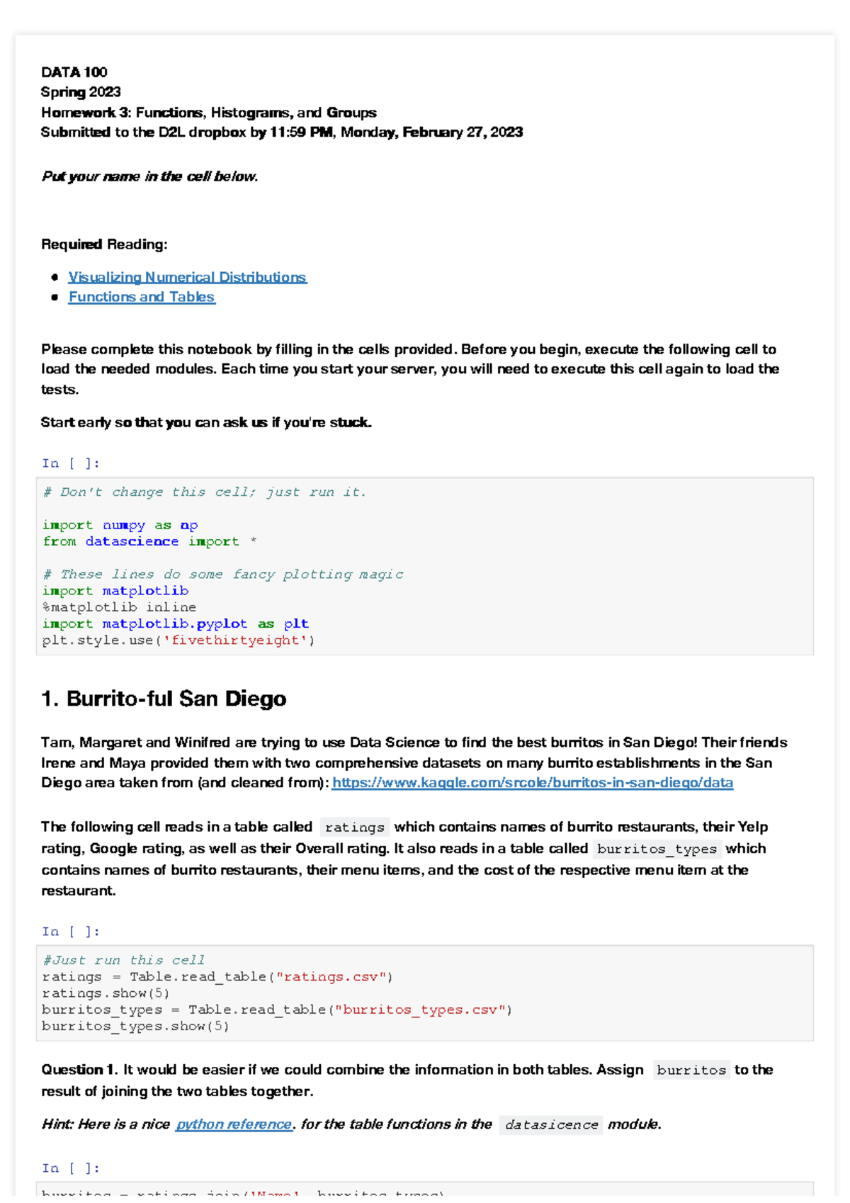Data 100 Homework Assignment 3 - DATA 100DATA 100 Spring 2023Spring ...