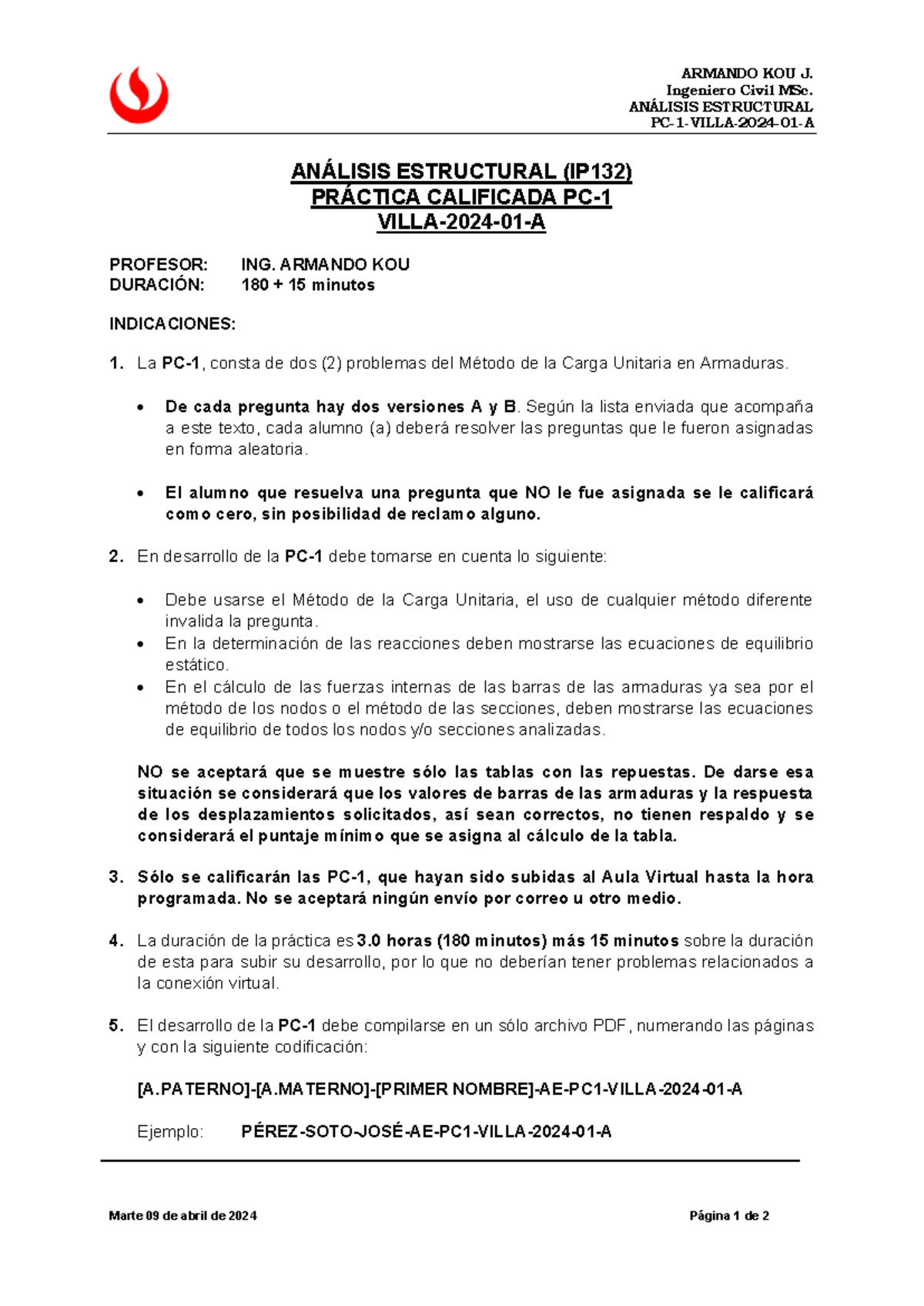 PC1 - pc01 - ARMANDO KOU J. Ingeniero Civil MSc. ANÁLISIS ESTRUCTURAL ...