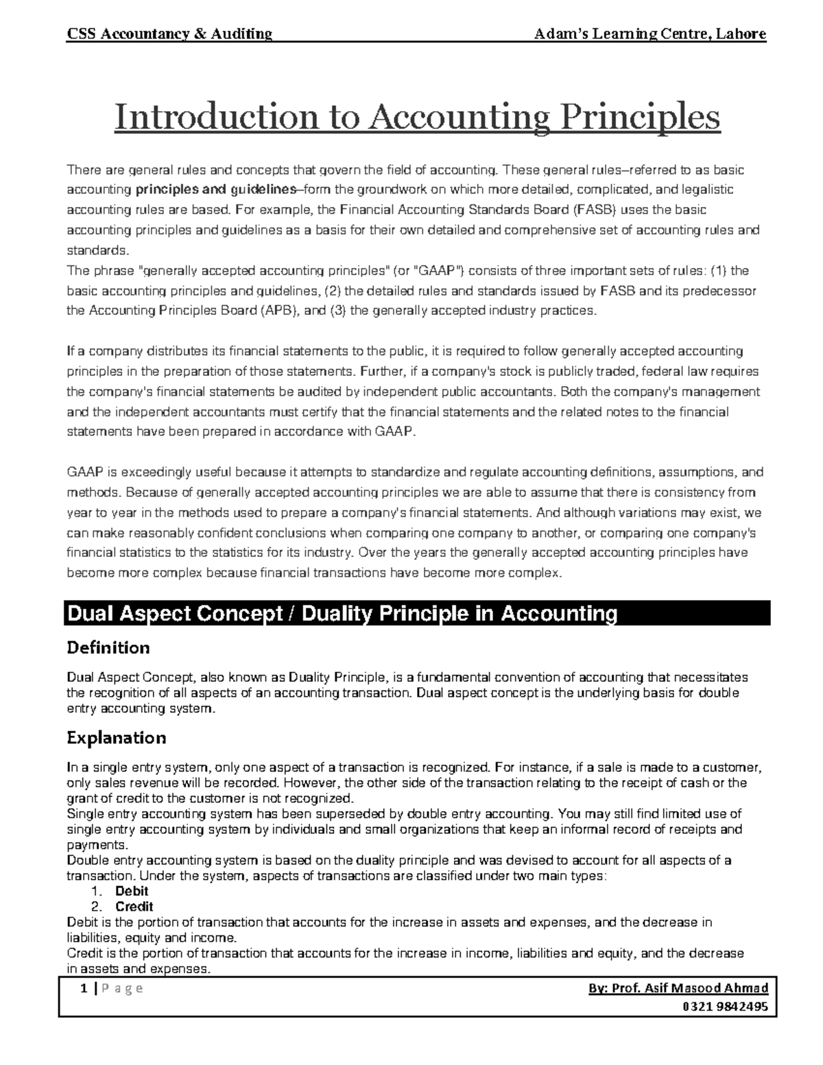 1. Accounting Principals - ####### 1 | P a g e By: Prof. Asif Masood ...