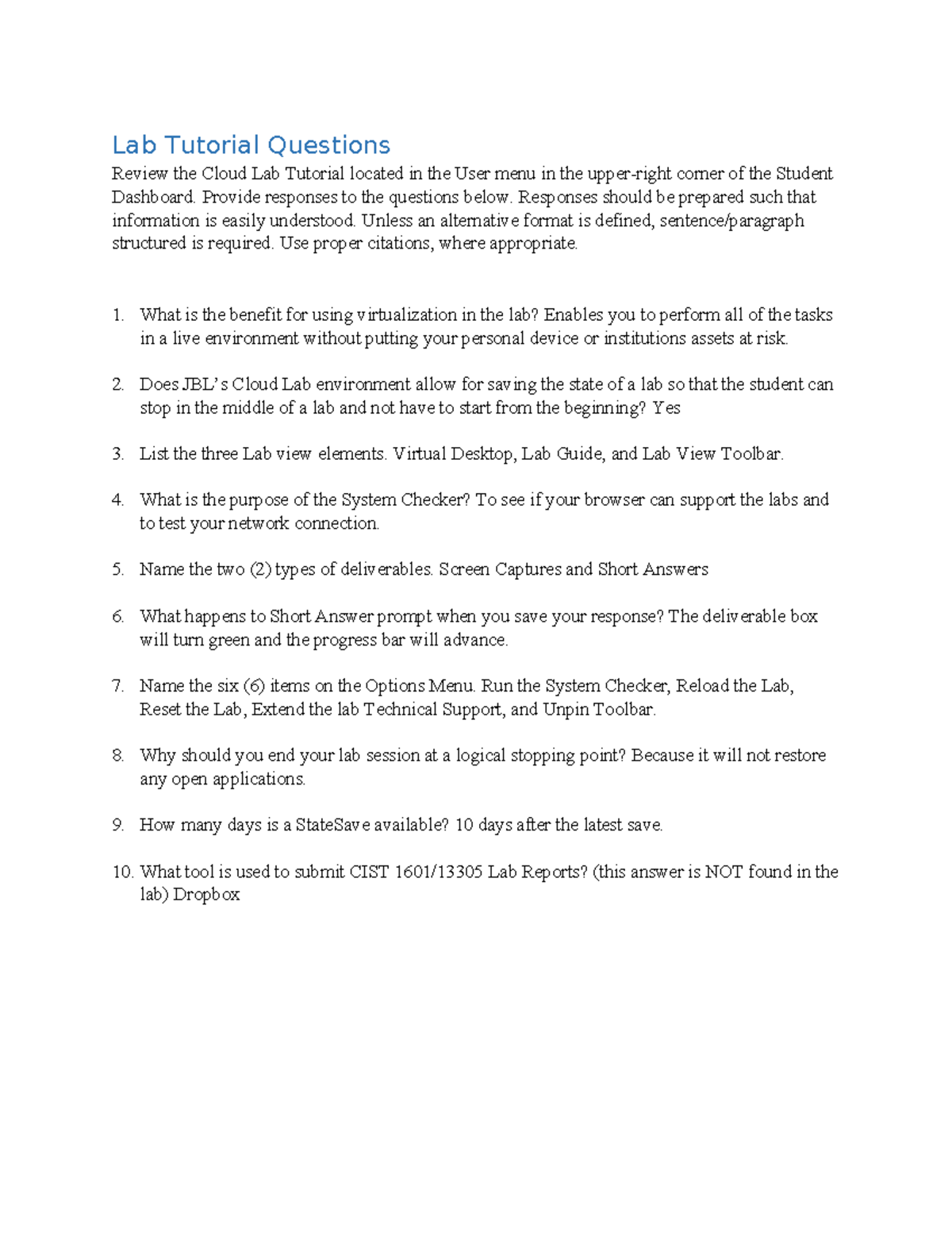 Lab Tutorial Questions Lab Tutorial Questions Review The Cloud Lab Tutorial Located In The 