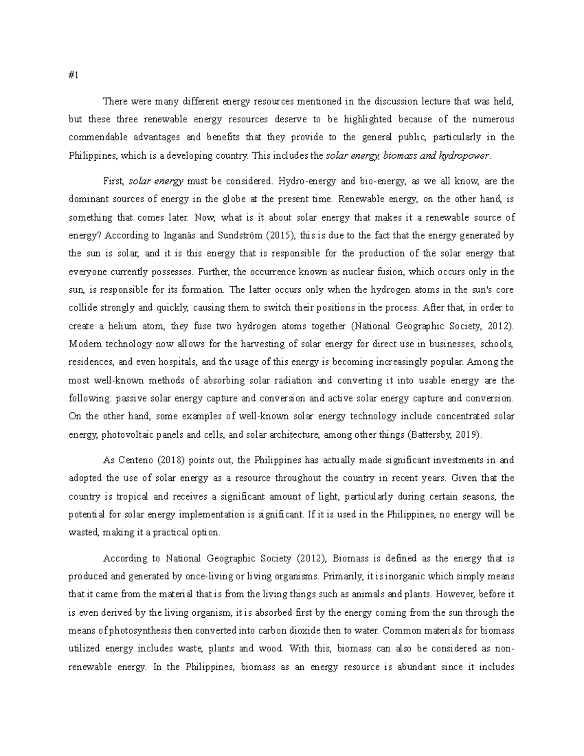 Chemistry Essay - CHEM - There were many different energy resources ...