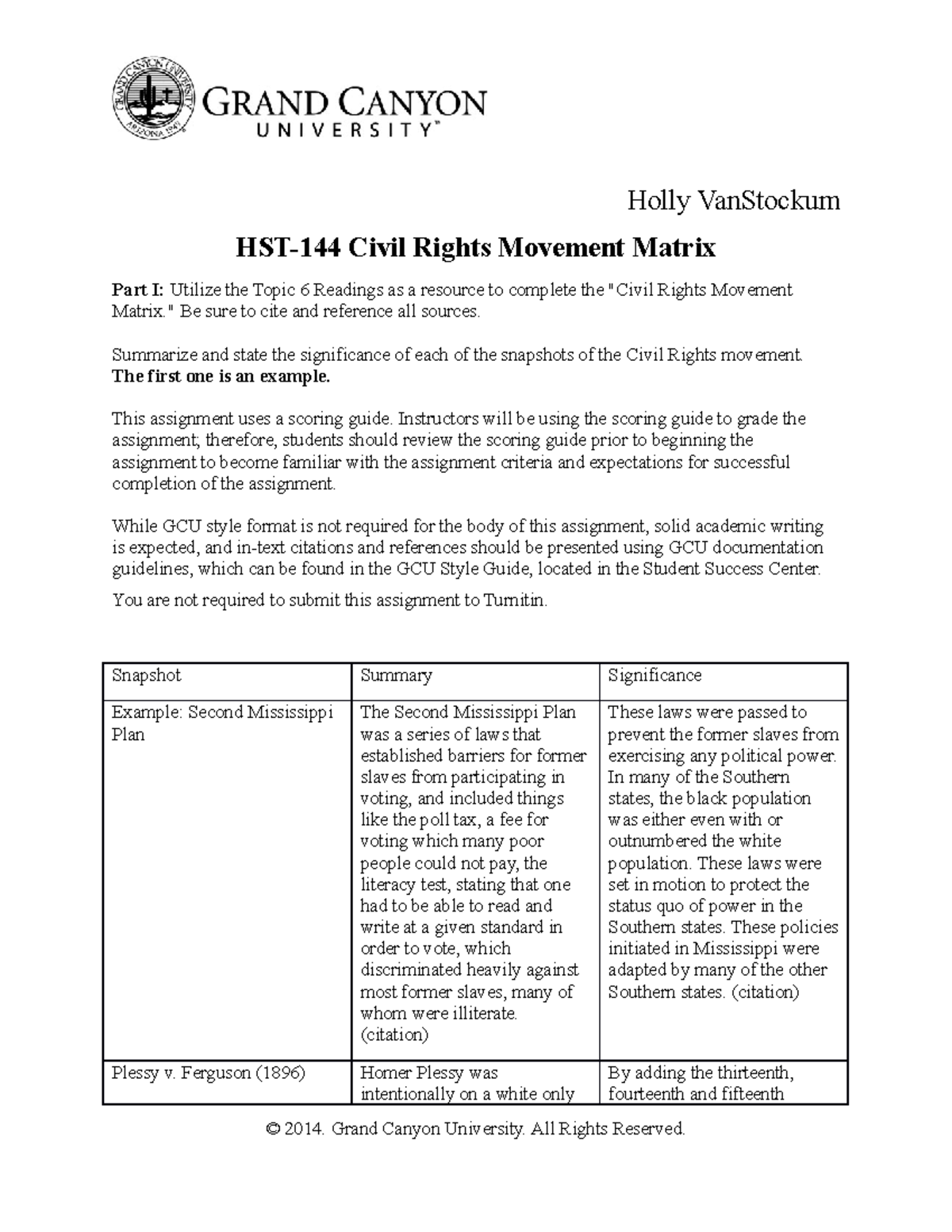HIS144 Civil Rights Movement Matrix - Holly VanStockum HST-144 Civil ...
