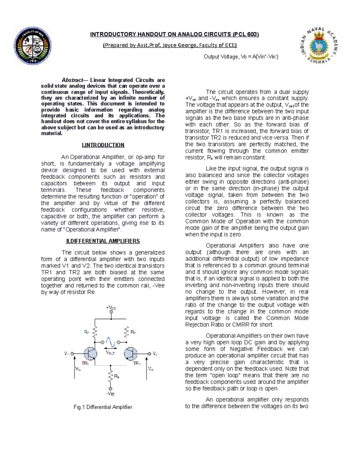 Introductory Handout ON Analog Circuits - INTRODUCTORY HANDOUT ON ANALOG CIRCUITS (PCL 603 ...