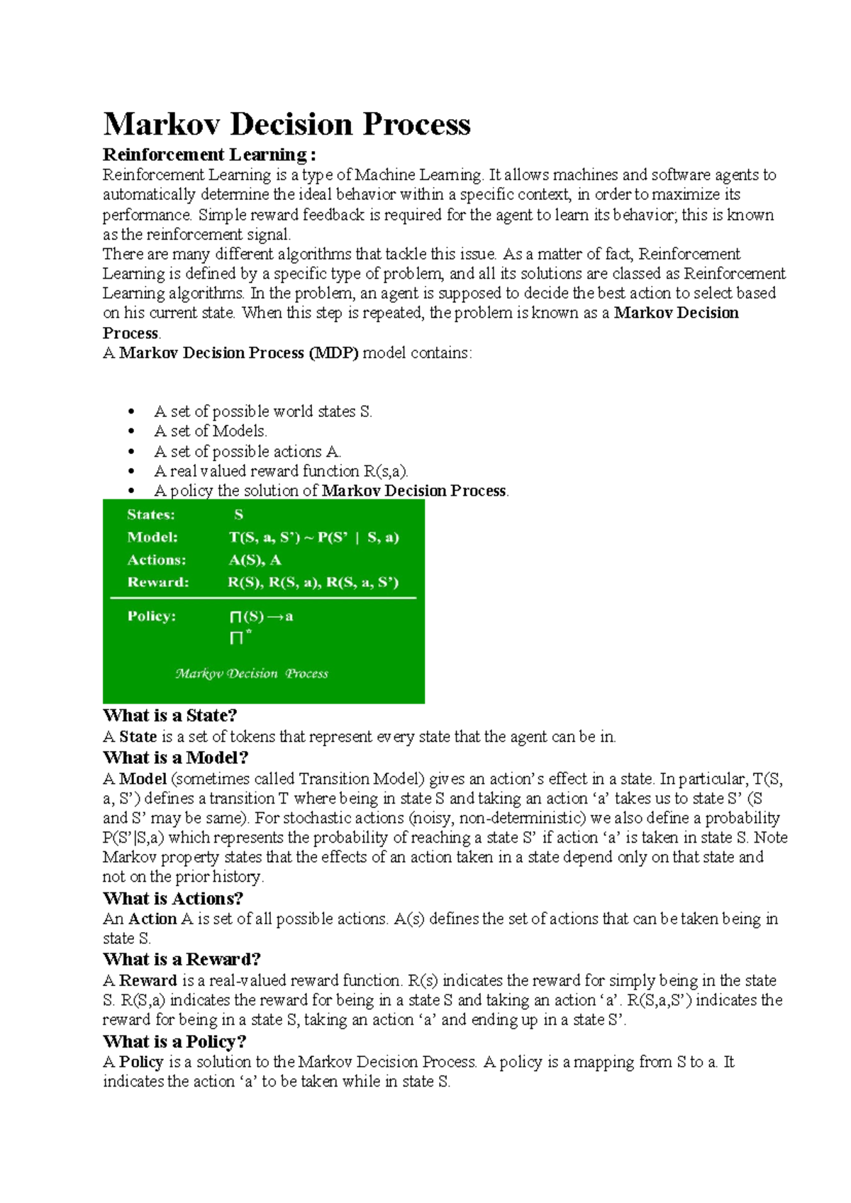 Unit 4 notes - Markov Decision Process Reinforcement Learning ...