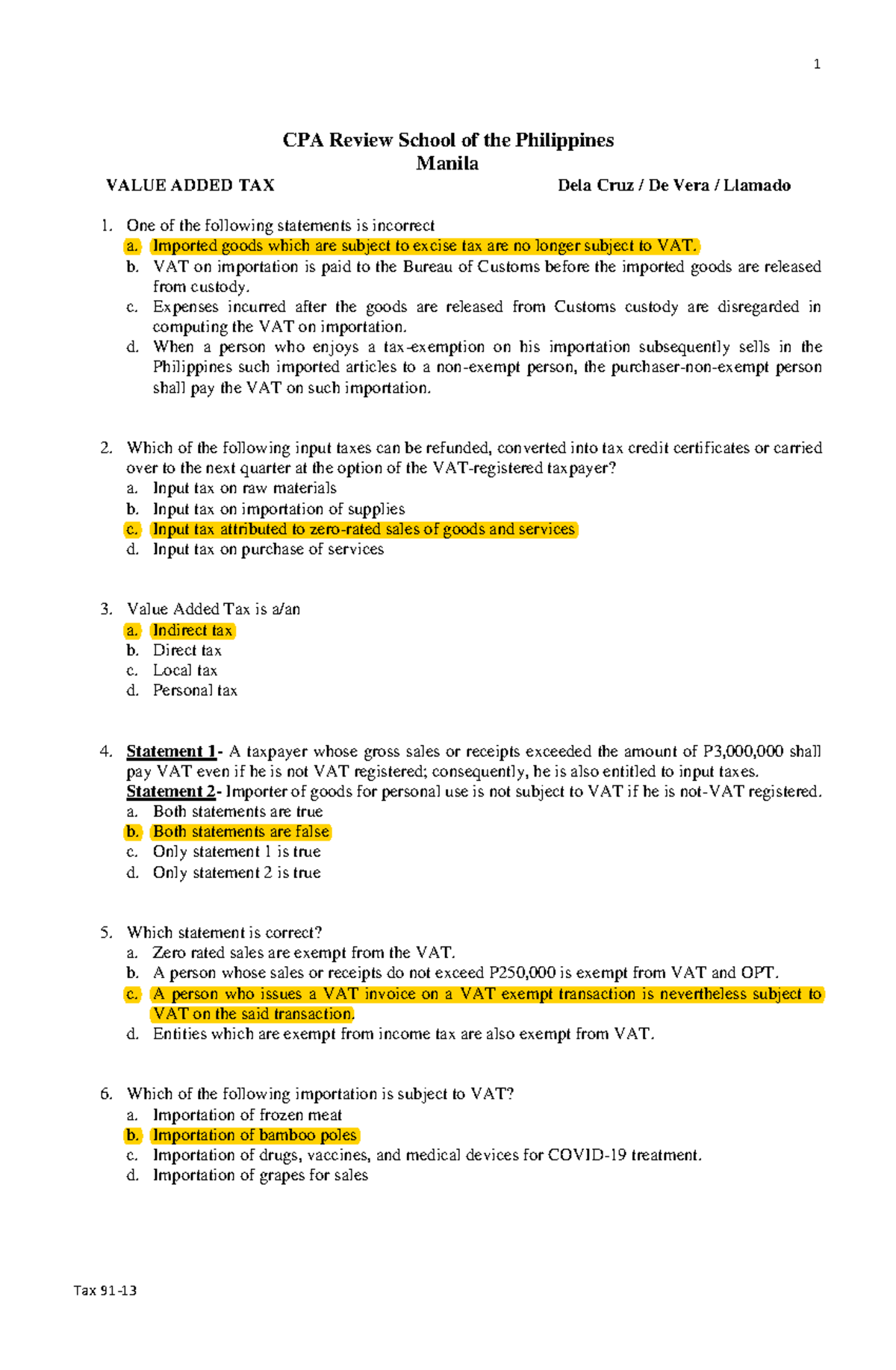 91-13 VAT - CPA Review School of the Philippines Manila VALUE ADDED TAX ...
