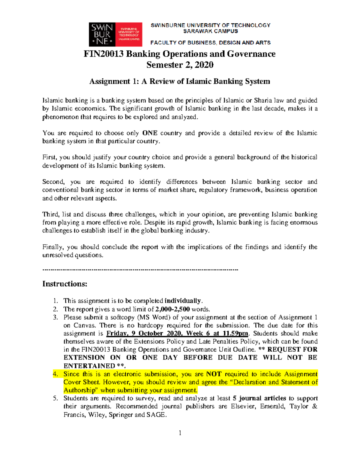 FIN2001 3 Assignment 1 Sem 2, 2020 Islamic Banking (updated instructions) - 1 FIN20013 Banking ...