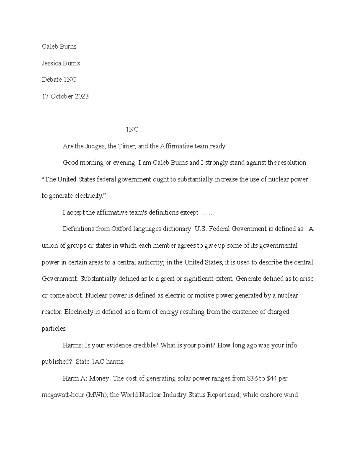 1NC and 2NC - a debate in had in class and won - Caleb Burns Jessica ...