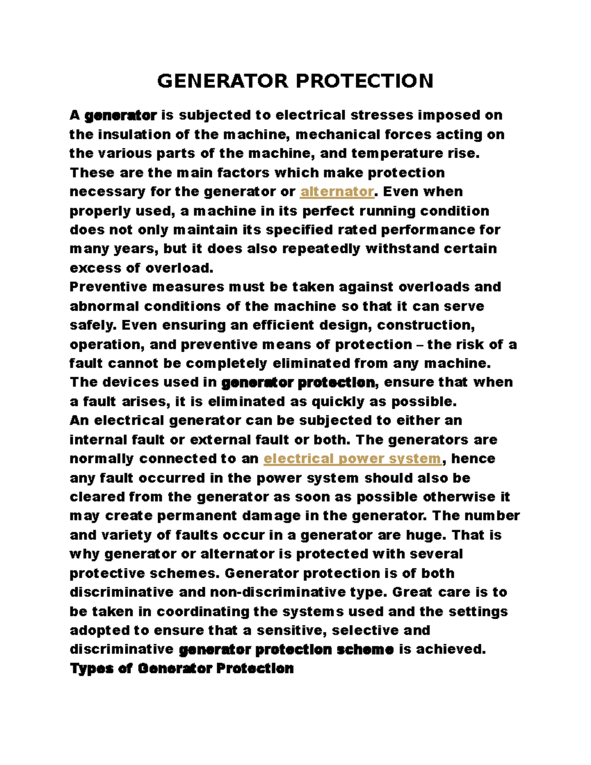 Generator Protection - hyghj - GENERATOR PROTECTION A generator is ...