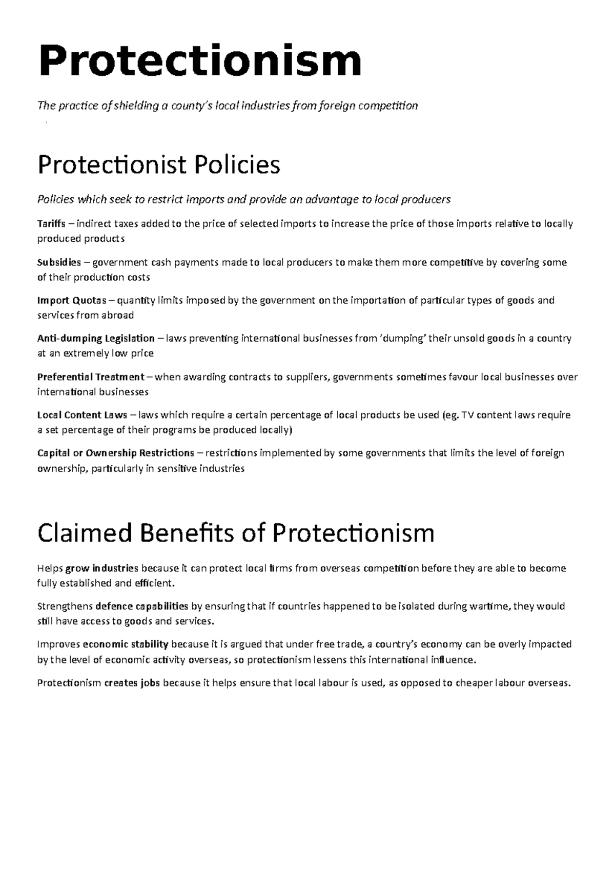 Ln Kd international trade notes - Protectionism The practice of ...