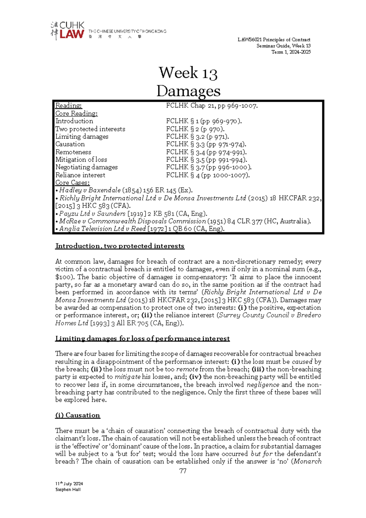 13 Damages - Lecture Slides - Seminar Guide, Week 13 Term 1, 2024 - 2025 11 th July 2024 77 Week ...