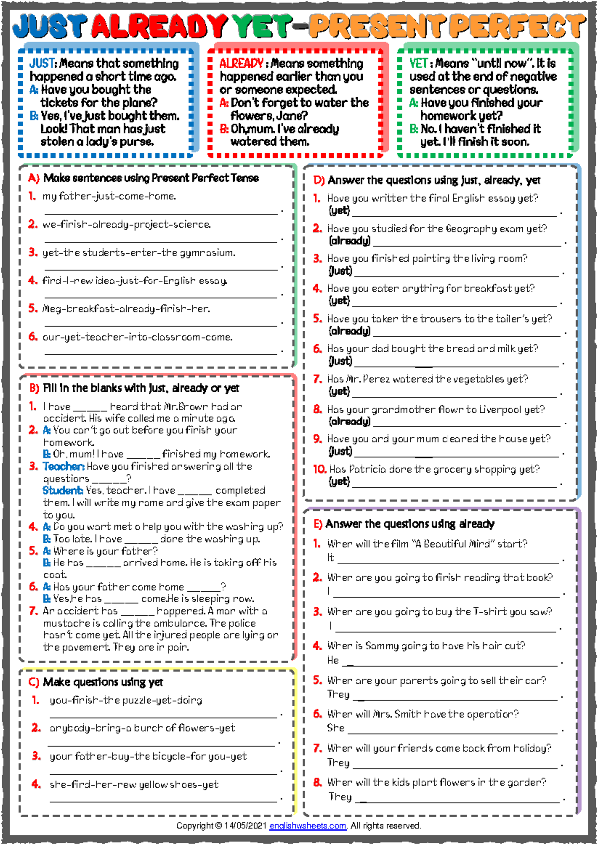 Present perfect tense just already yet esl printable exercises ...