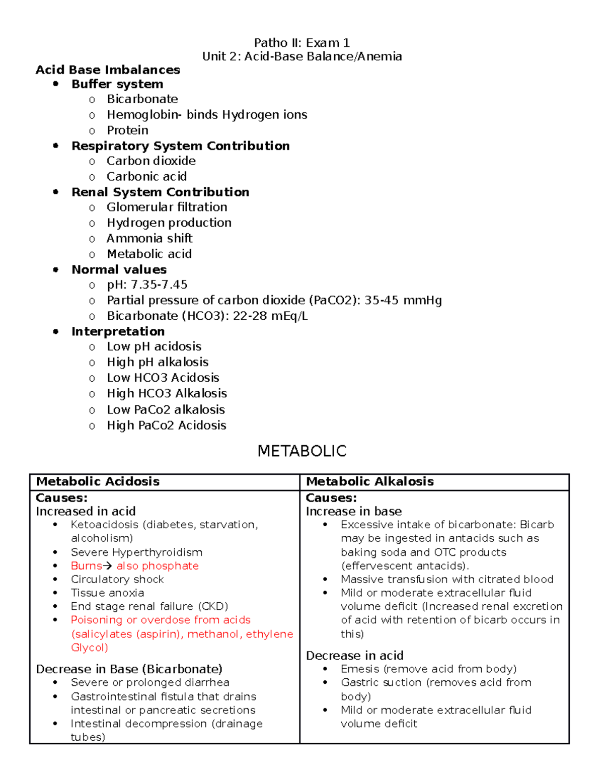 Patho II Exam 1 U2 - None - Patho II: Exam 1 Unit 2: Acid-Base Balance ...