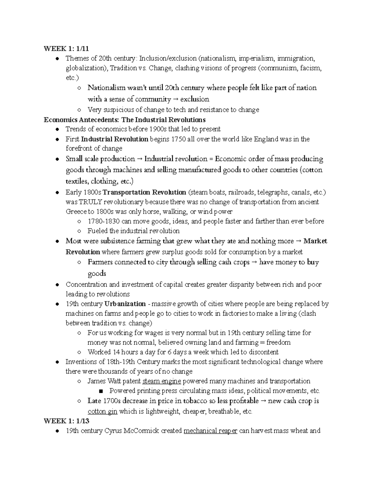 Week 1 Lecture Notes (Hist) - WEEK 1: 1/ Themes of 20th century ...