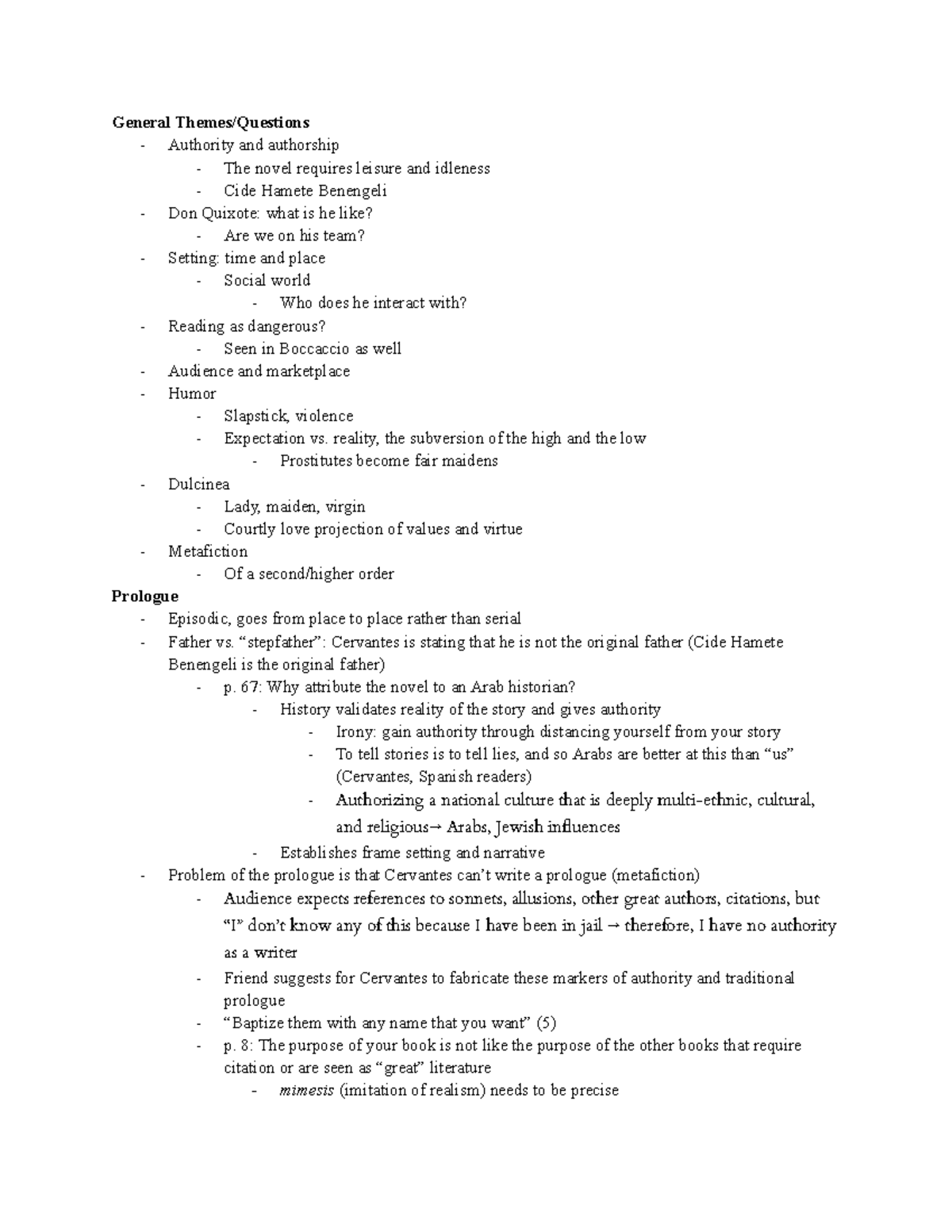 9. Cervantes Don Quixote - General Themes/Questions - Authority and ...