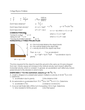 Formulas - This is coursework for College Physics. - FORMULAS v d v v f ...