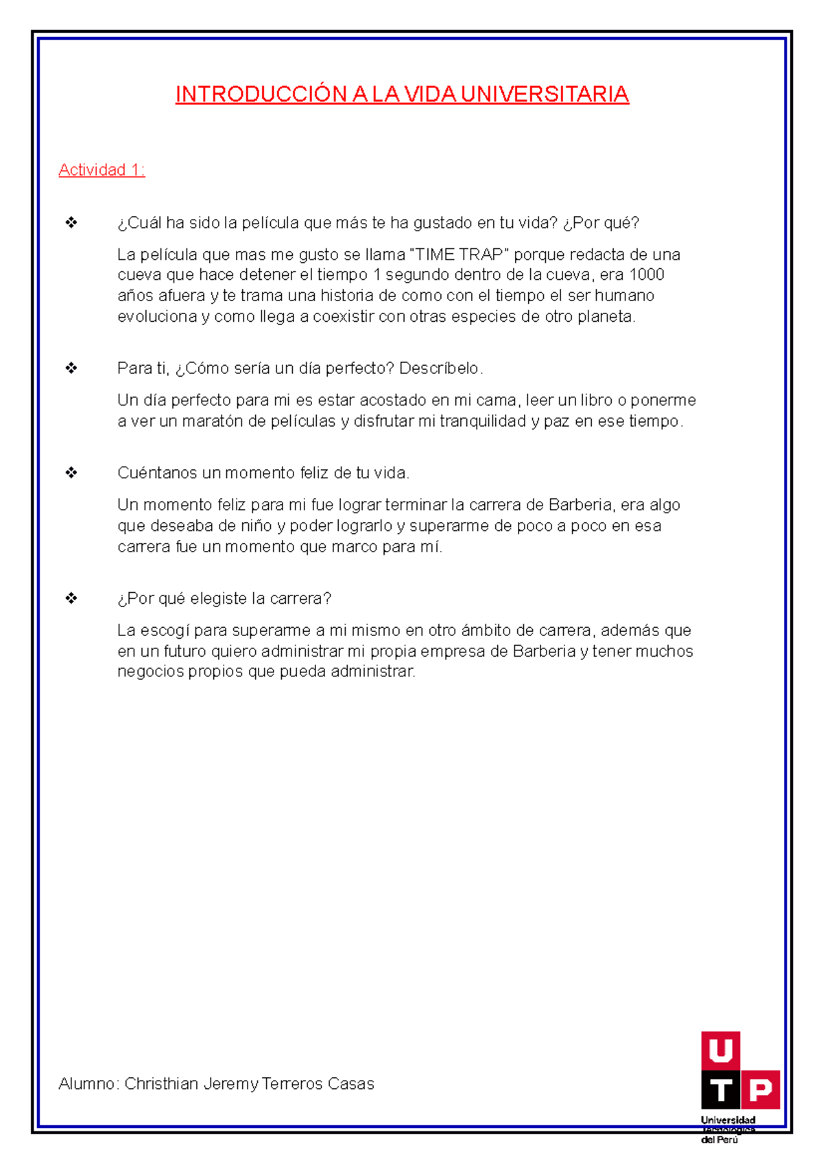 IVU Actividad 1 Jeremy Casas - Introducción a la vida universitaria - UTP - Studocu