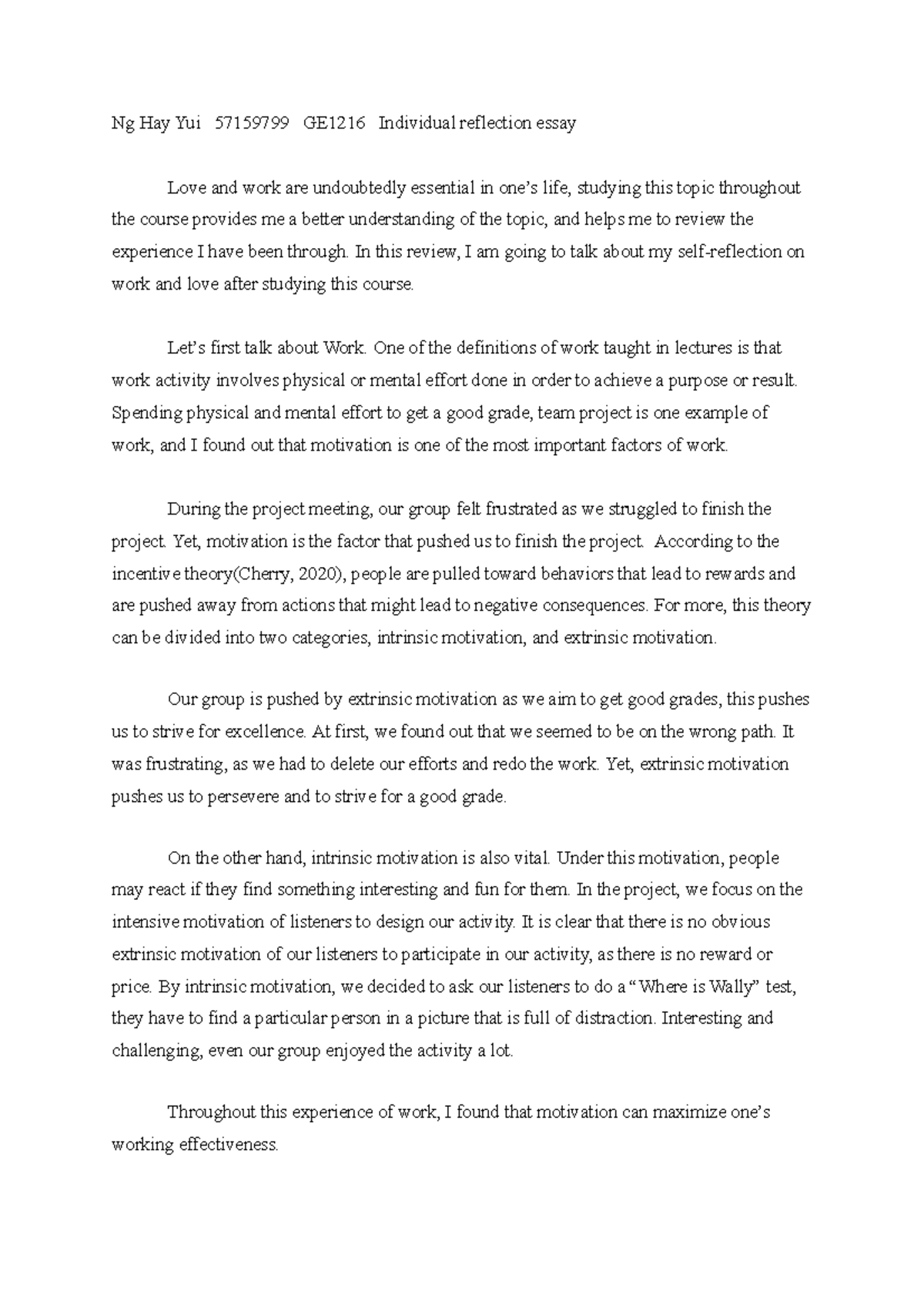 Loving work Individual reflection essay - Ng Hay Yui 57159799 GE1216 ...