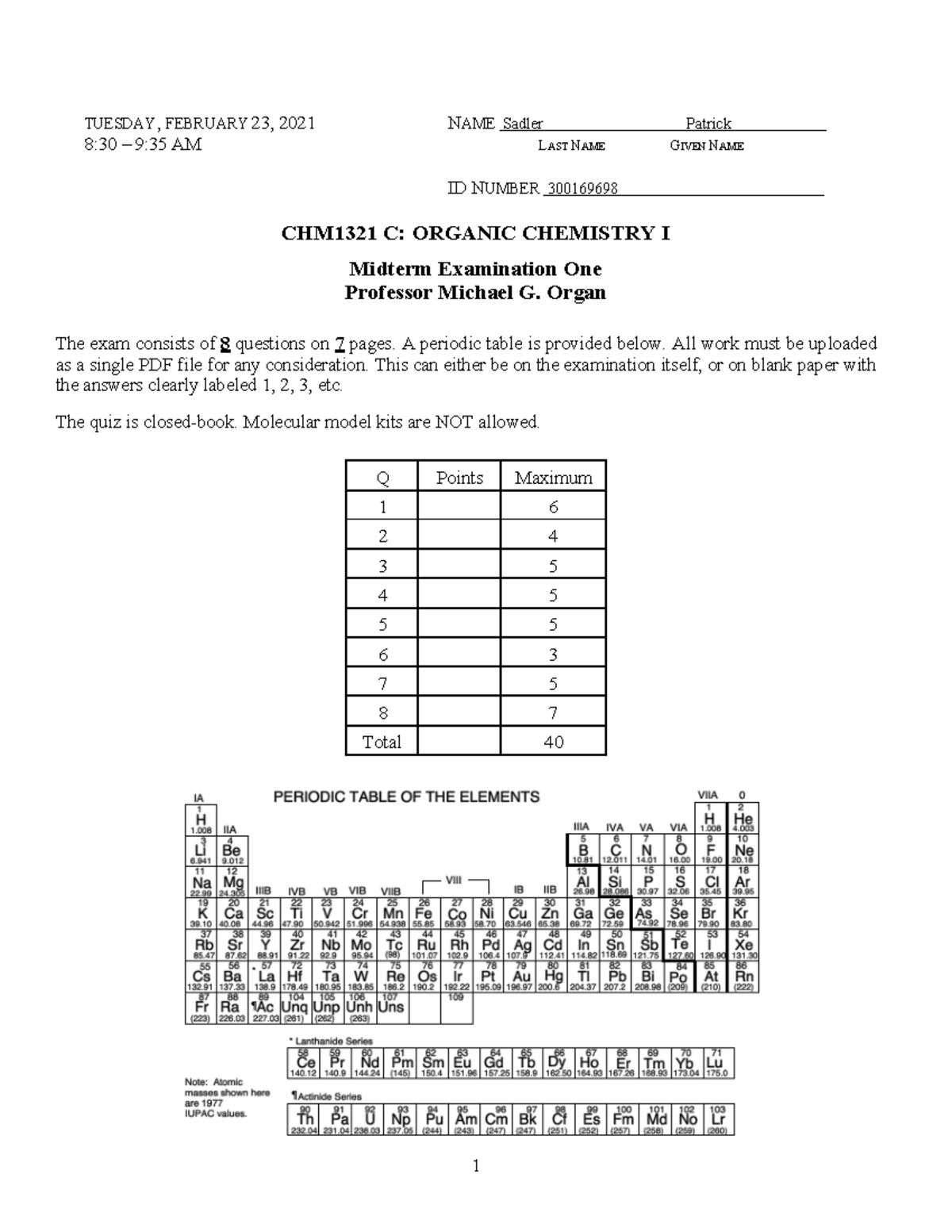CHM 1321 midterm 1 - TUESDAY, FEBRUARY 23, 2021 NAME Sadler Patrick 8: ...