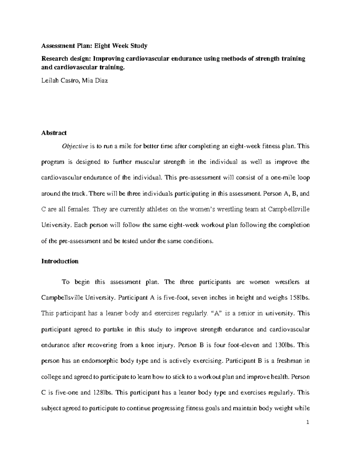 Eight Week Assessment Plan and Study - Assessment Plan: Eight Week ...