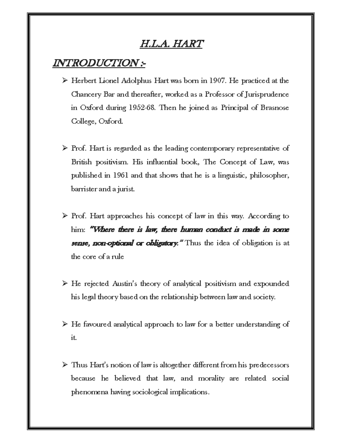 H L A HART - Lecture notes 1 - H.L. HART INTRODUCTION :- Herbert Lionel ...