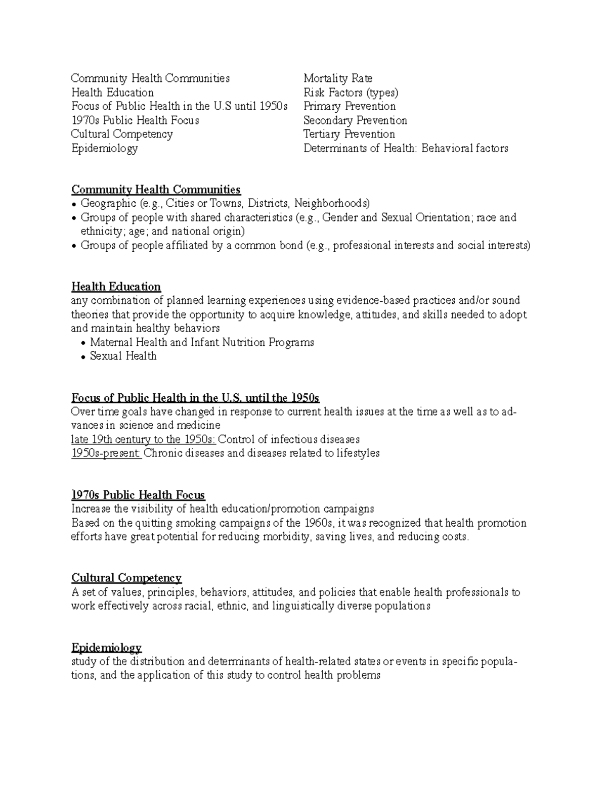 Exam 1 Review - Community Health Communities Health Education Focus of ...