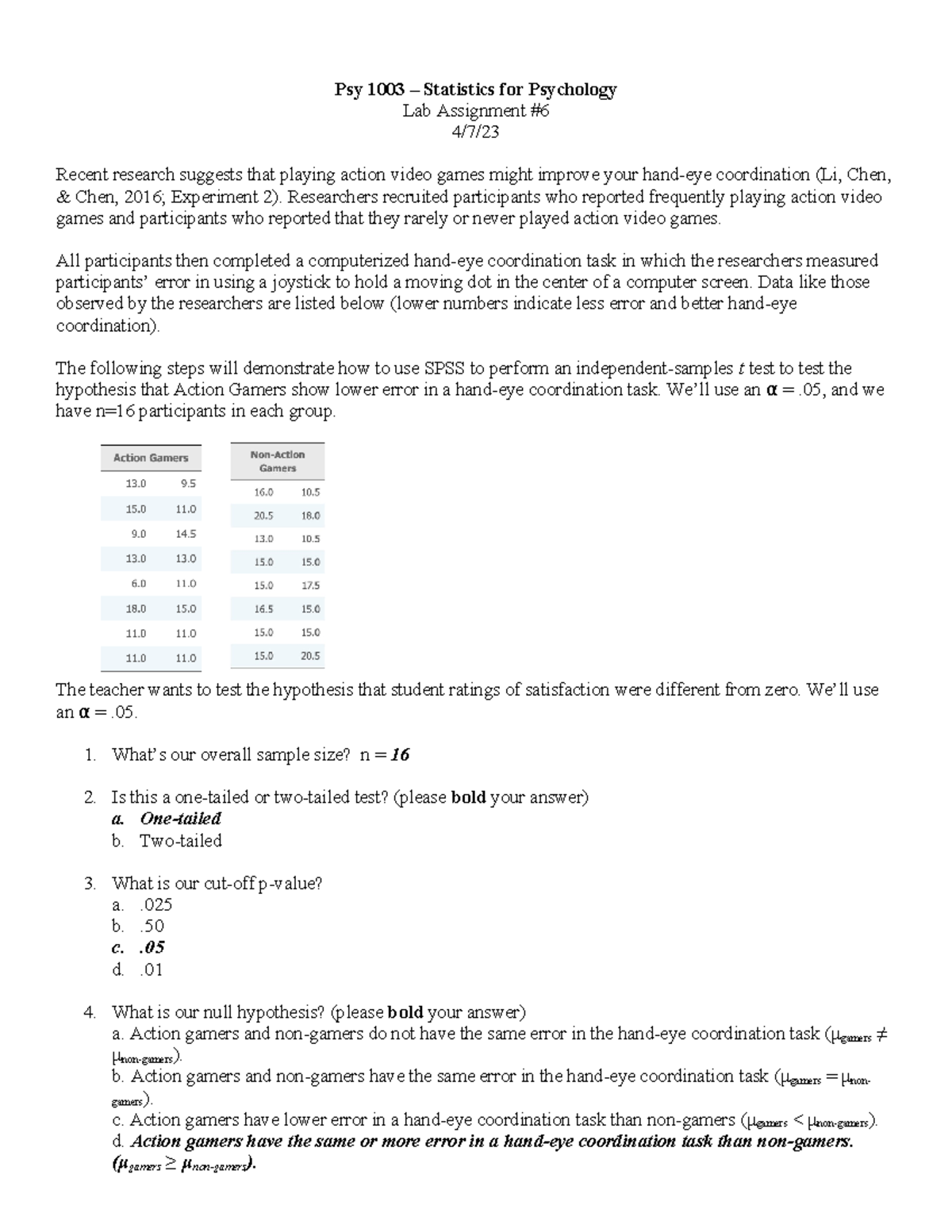 Lab 6 Assignment - lab work - Psy 1003 – Statistics for Psychology Lab ...