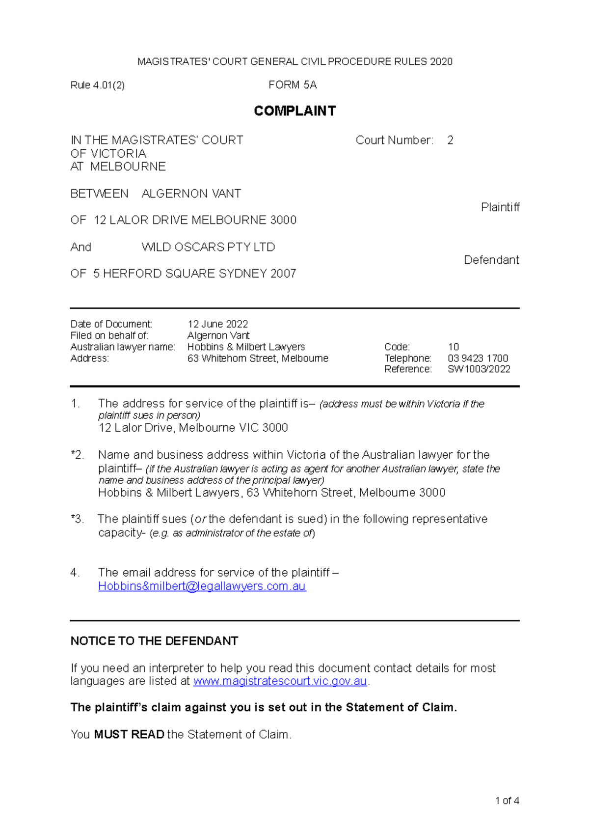 Micha.Herbertson LLW4000 Drafting assignment - MAGISTRATES' COURT ...