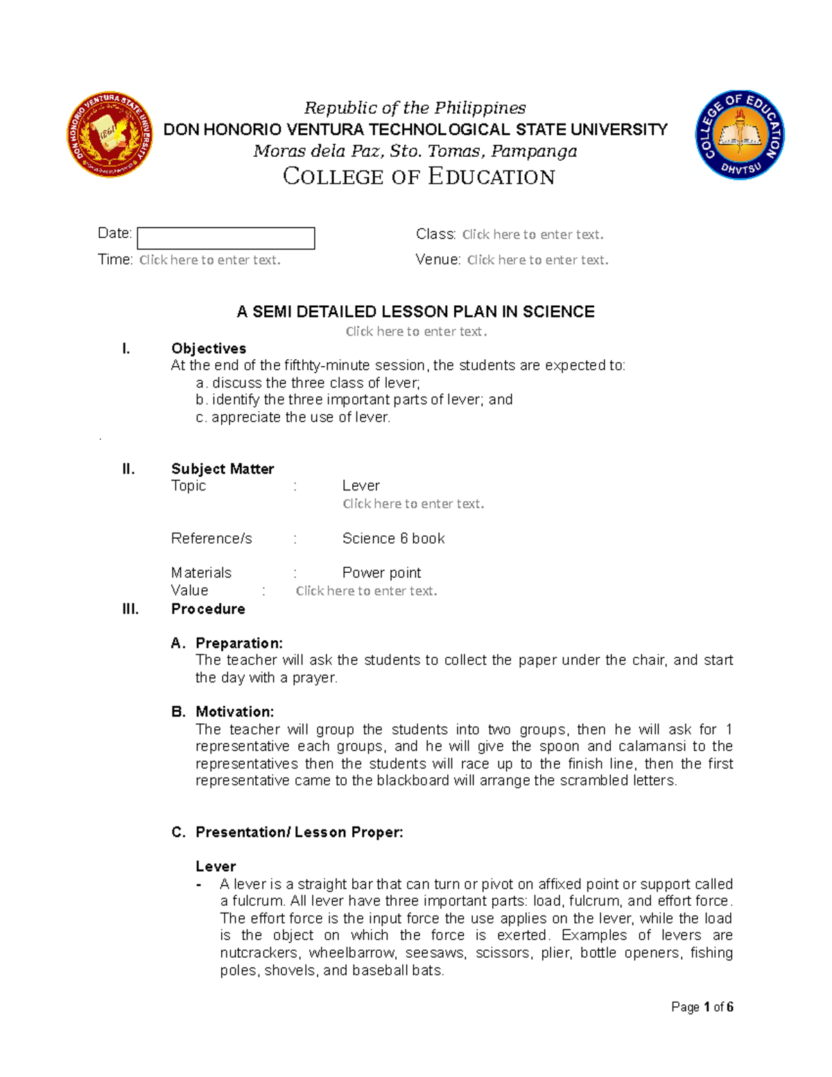 Lever Semi-Detailed-Lesson-Plan-Template - Republic of the Philippines ...