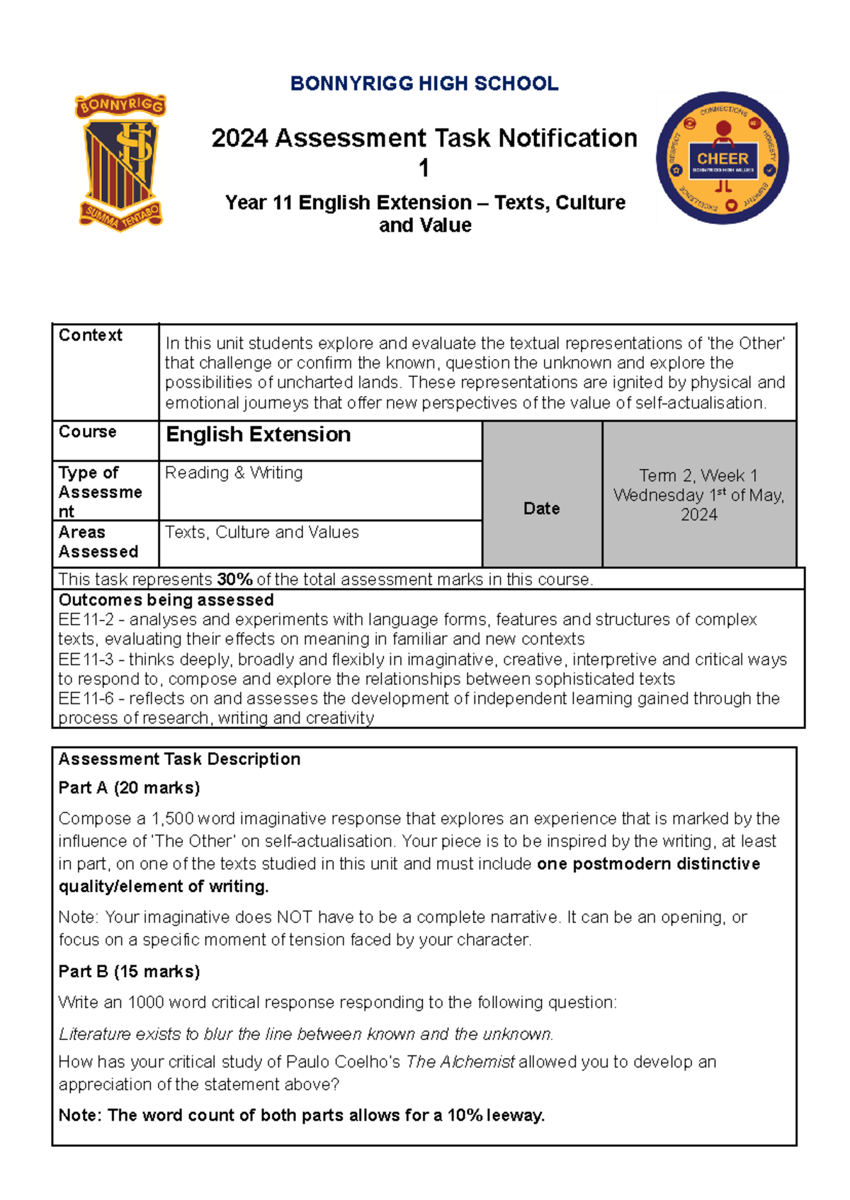 Assessment task notification 1 Reading and writing - BONNYRIGG HIGH ...