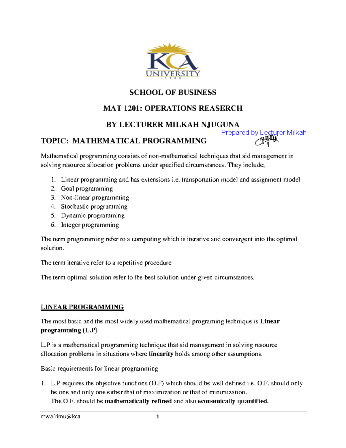 MAT 1201- Linear Programmming-LP- Milkah - SCHOOL OF BUSINESS MAT 1201 ...