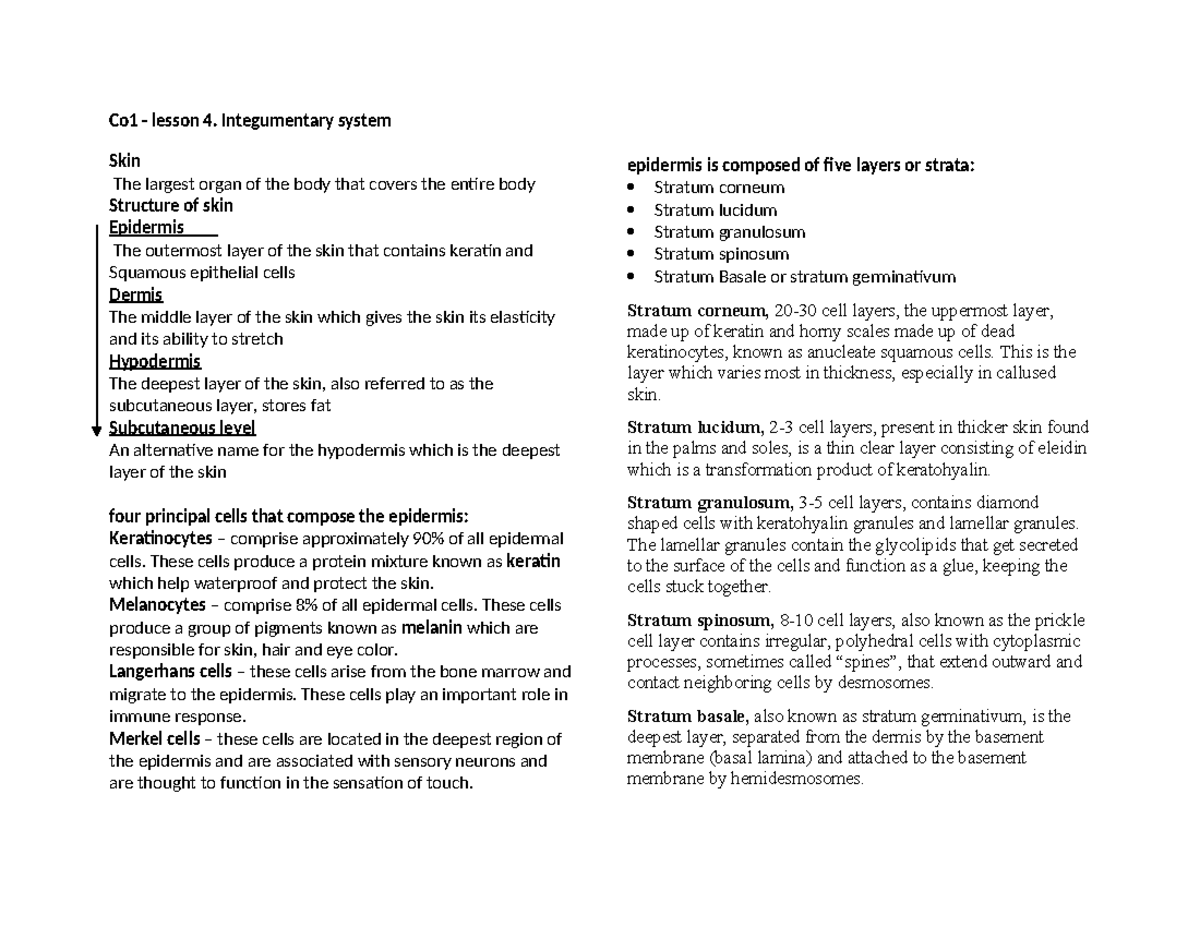 Integumentary - Co1 - lesson 4. Integumentary system Skin The largest ...