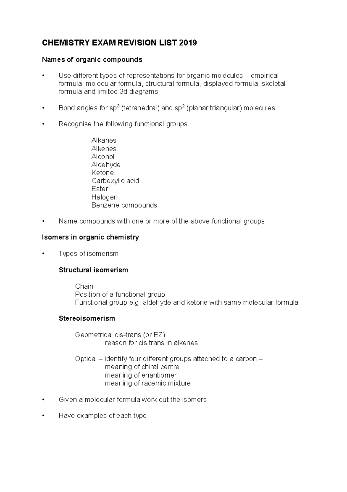 Chemistry Exam Revision List 2019 - CHEMISTRY EXAM REVISION LIST 2019 ...