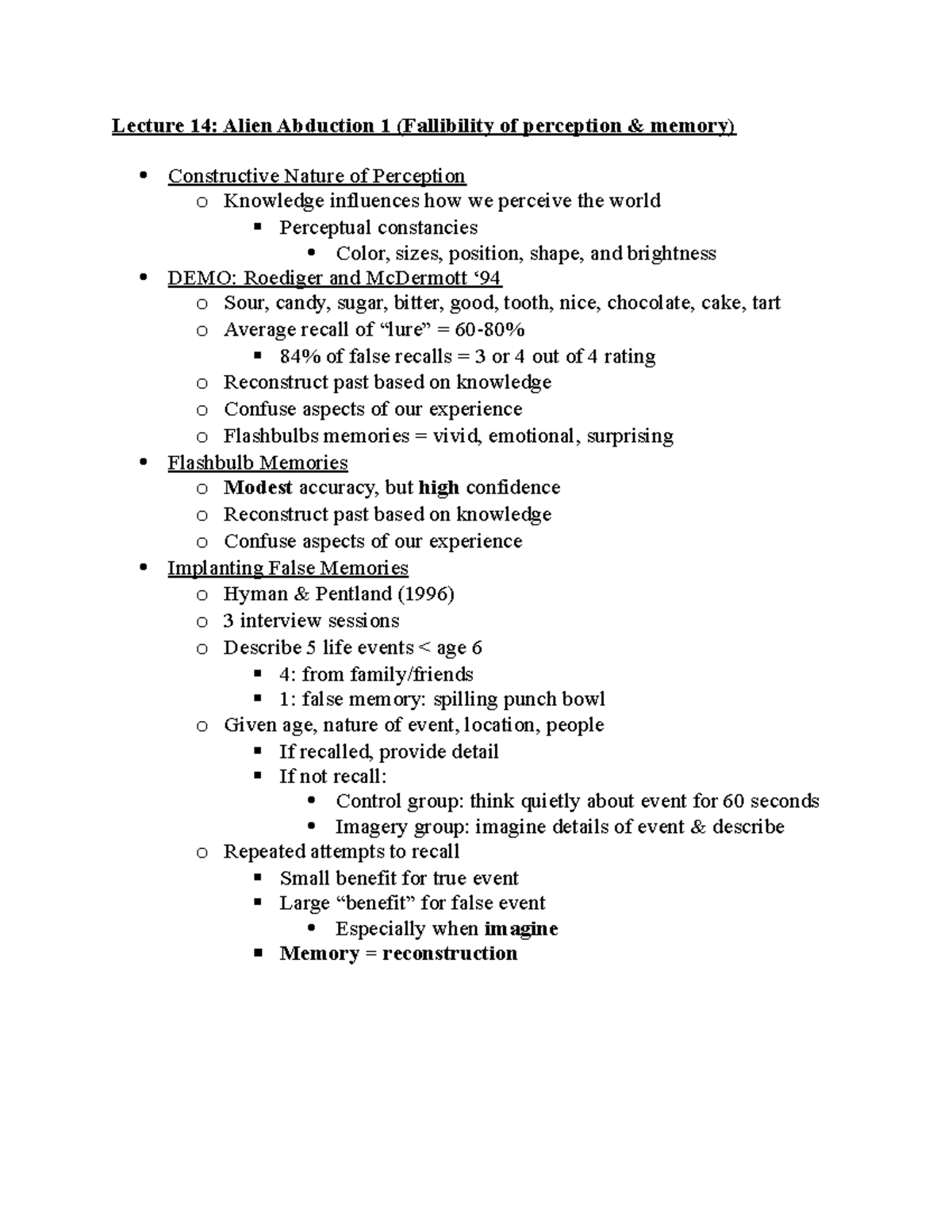 PSY 393 Lecture notes - Lecture 14: Alien Abduction 1 (Fallibility of ...