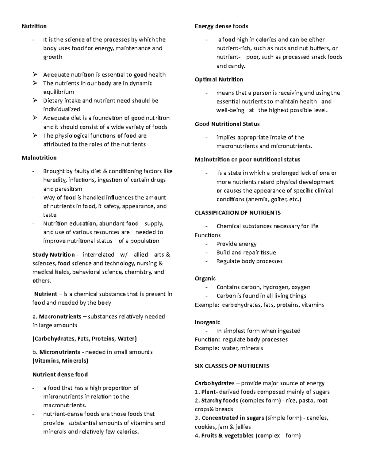 Nutrition Notes - Nutrition - It is the science of the processes by ...