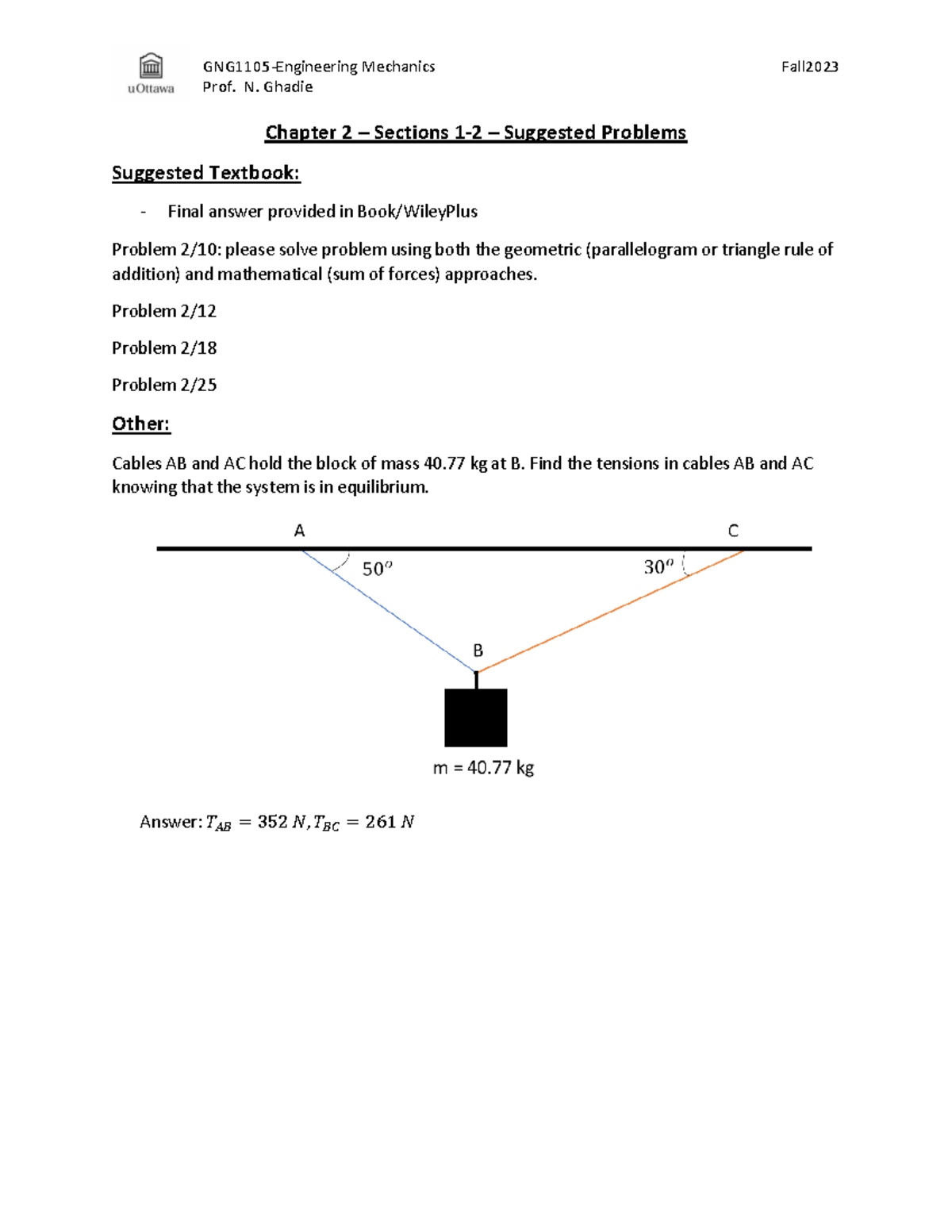 2- Chapter 2 - Sections 1-2 - Equilibrium Suggested Problems - GNG1105 ...