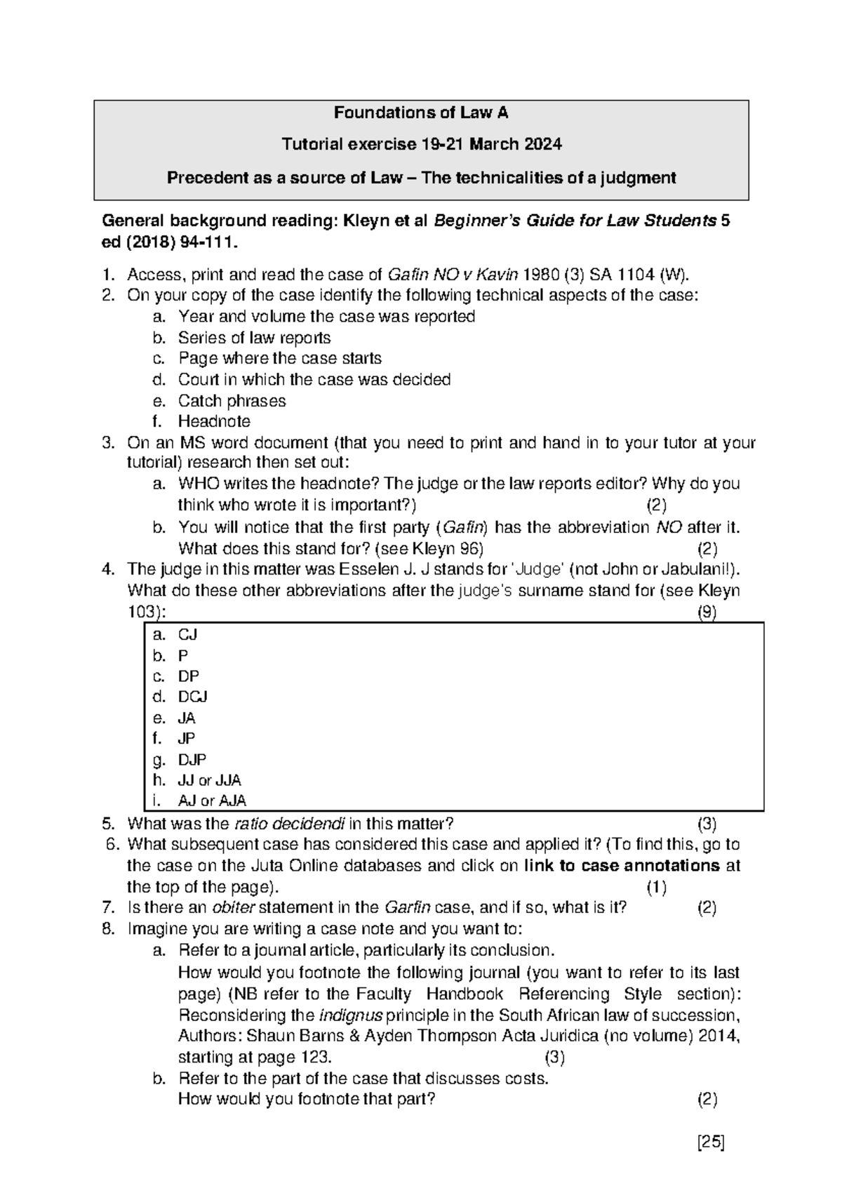 Tutorial on precedent 2024 - General background reading: Kleyn et al ...