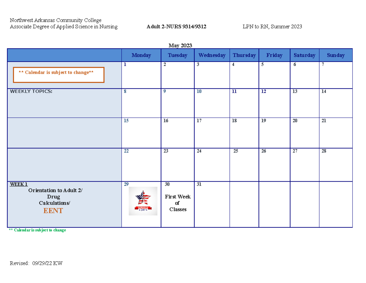 Adult 2 Calendar Summer 2023 (LPN to RN) - Associate Degree of Applied ...