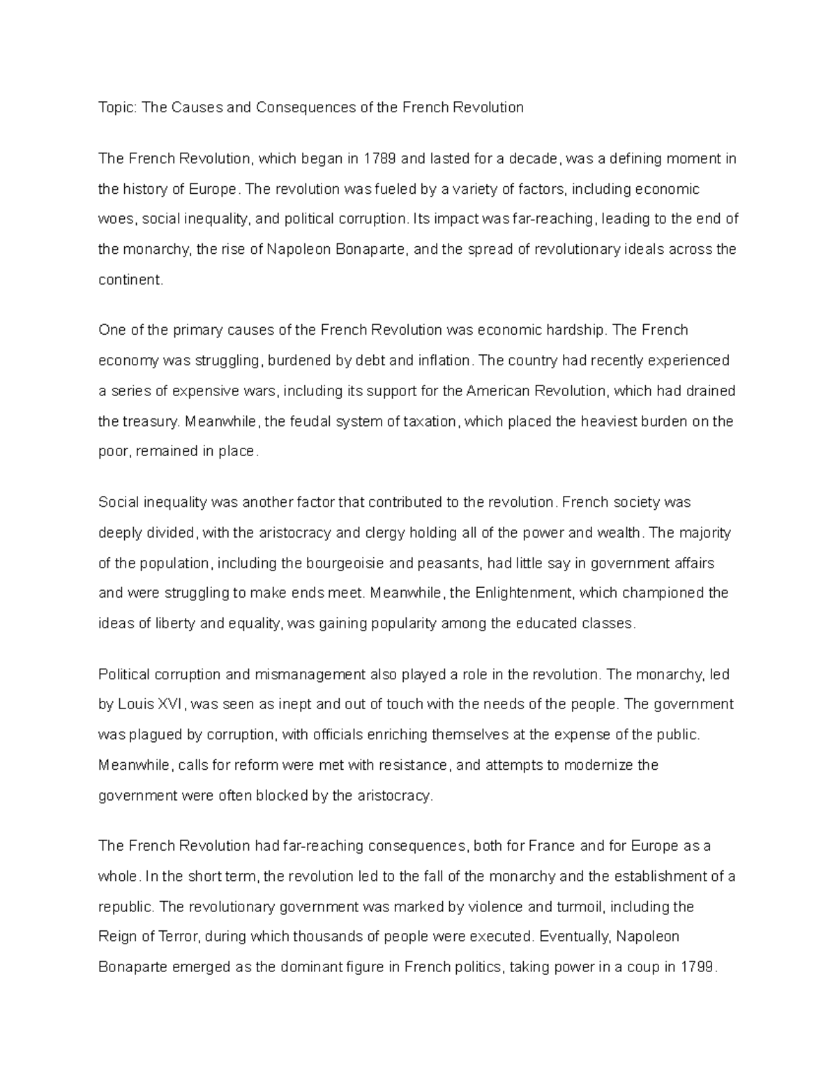 Topic The Causes and Consequences of the French Revolution - The ...