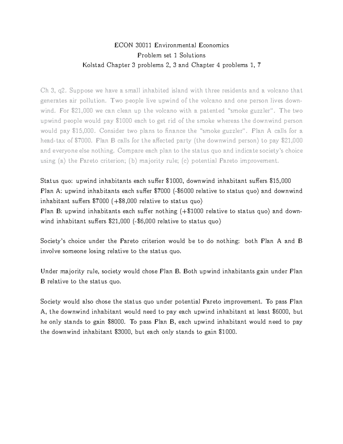 Problem set 1 solutions - ECON 30011 Environmental Economics Problem ...