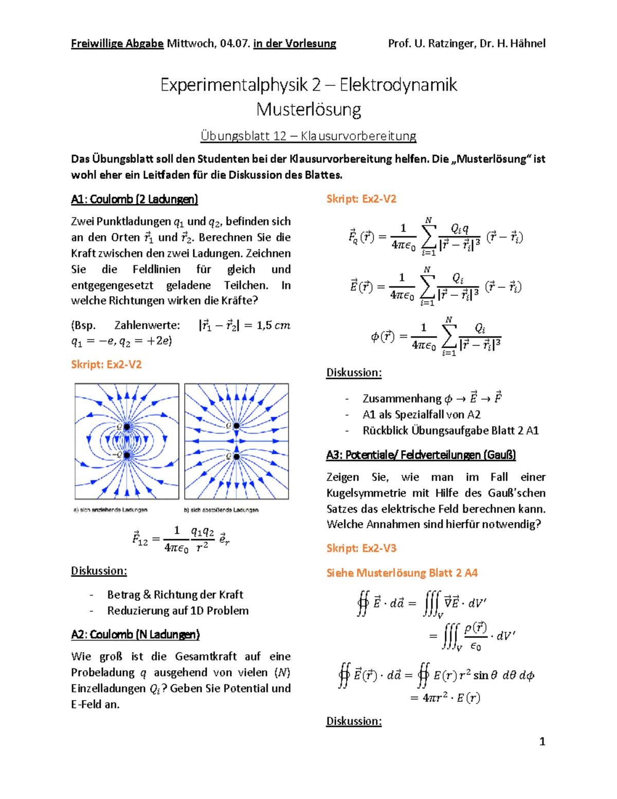 Musterloesung Blatt 12 - Experimentalphysik 2 – Elektrodynamik Musterlösung Übungsblatt 12 ...