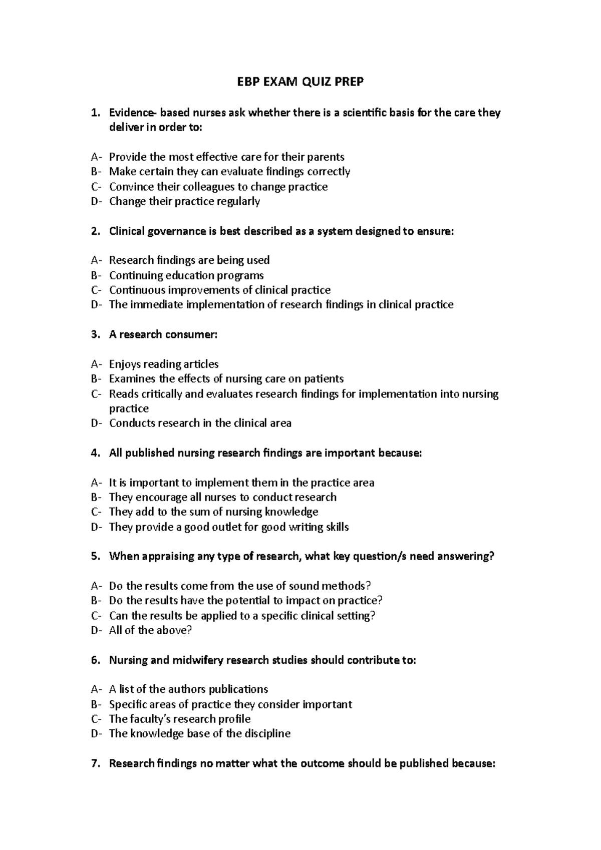 Exam quiz 2018, questions and answers - EBP EXAM QUIZ PREP 1. Evidence ...