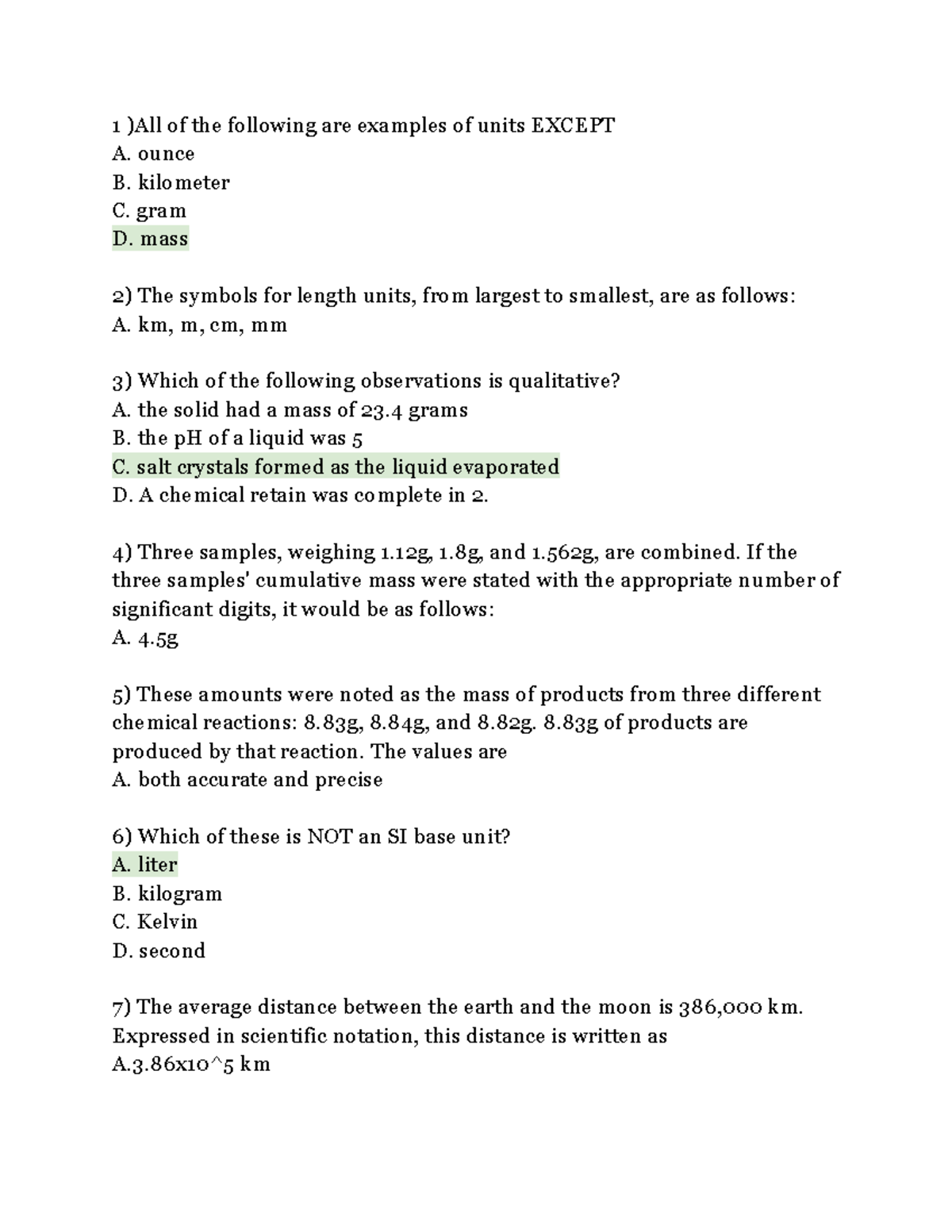 Chem chapter 2 part 12 - chem questions and answers - 1 )All of the ...