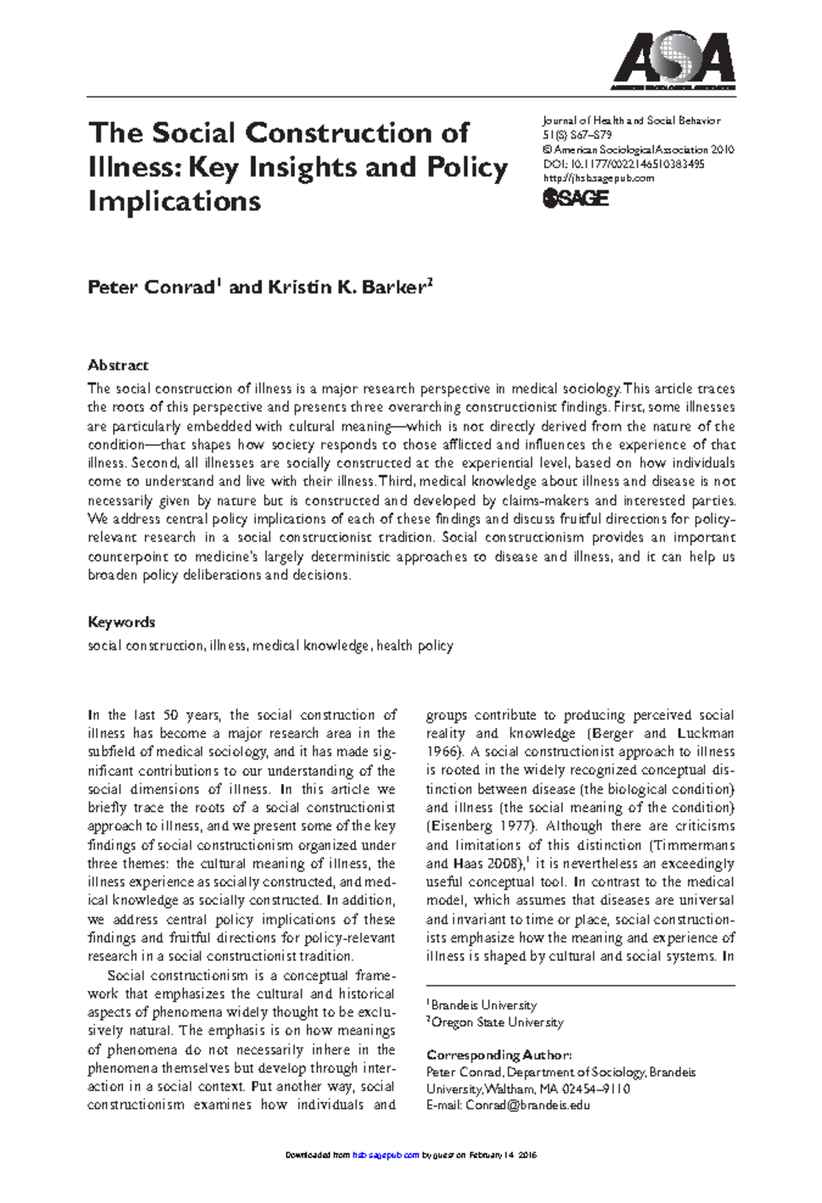 Conrad and Barker, The Social Construction of Illness - Journal of ...