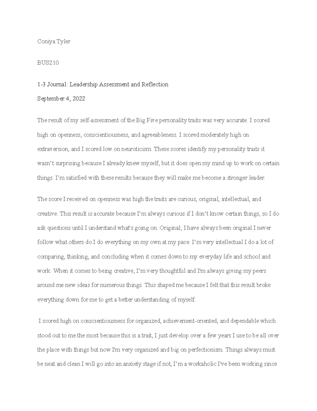 After taking the Big Five personality traits assessment - Coniya Tyler ...