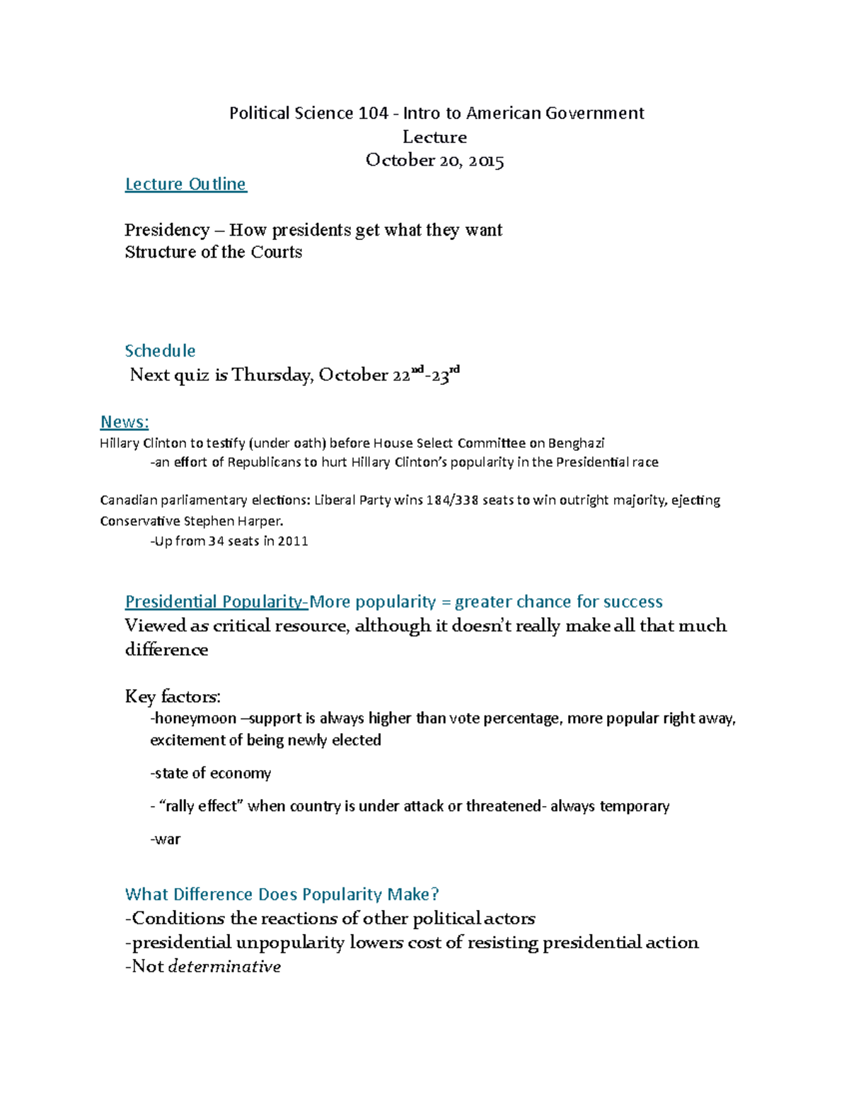 Lecture+Outline+October+20 - Political Science 104 - Intro to American ...