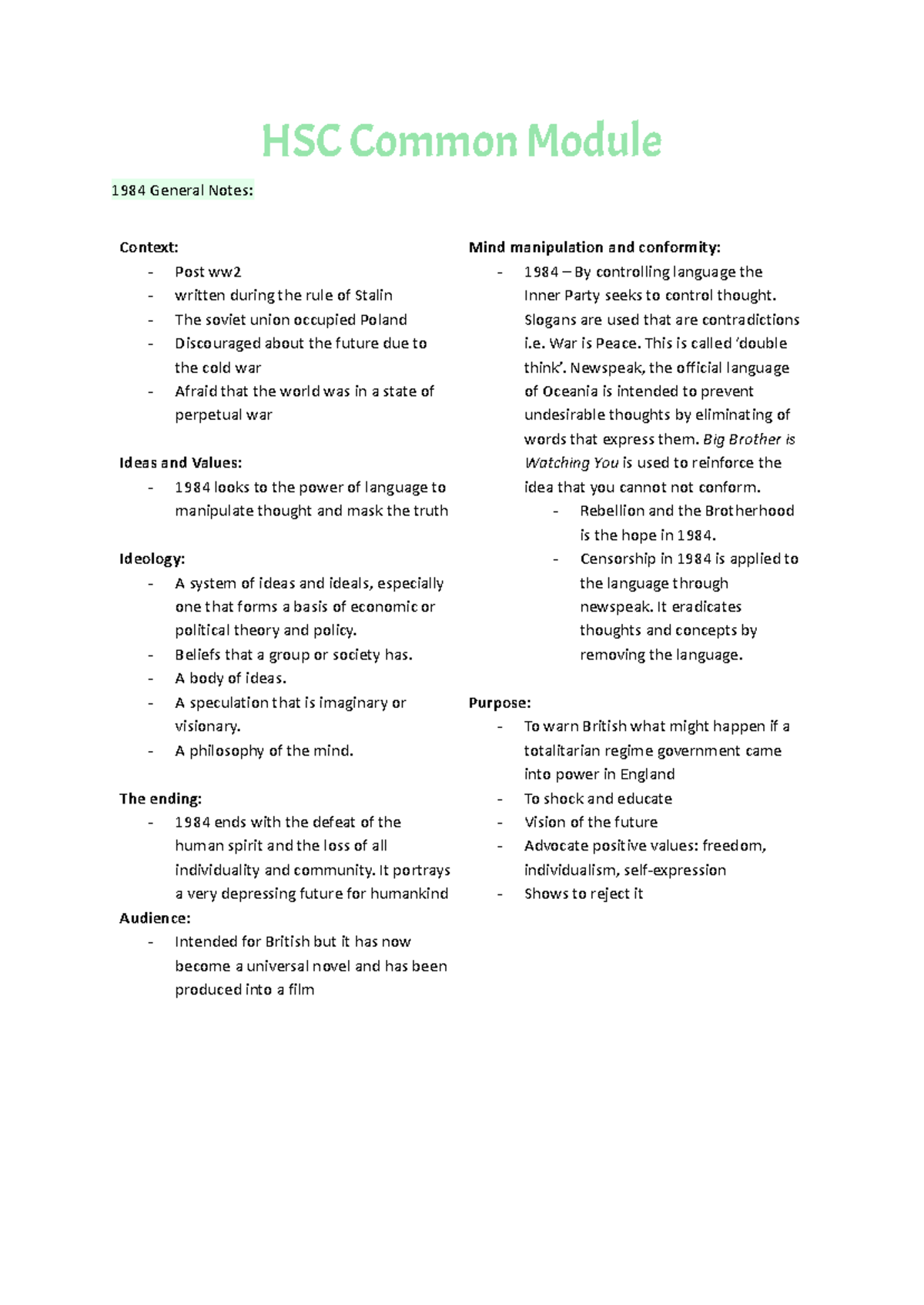 Common Module Notes - HSC Common Module 1984 General Notes: Context ...