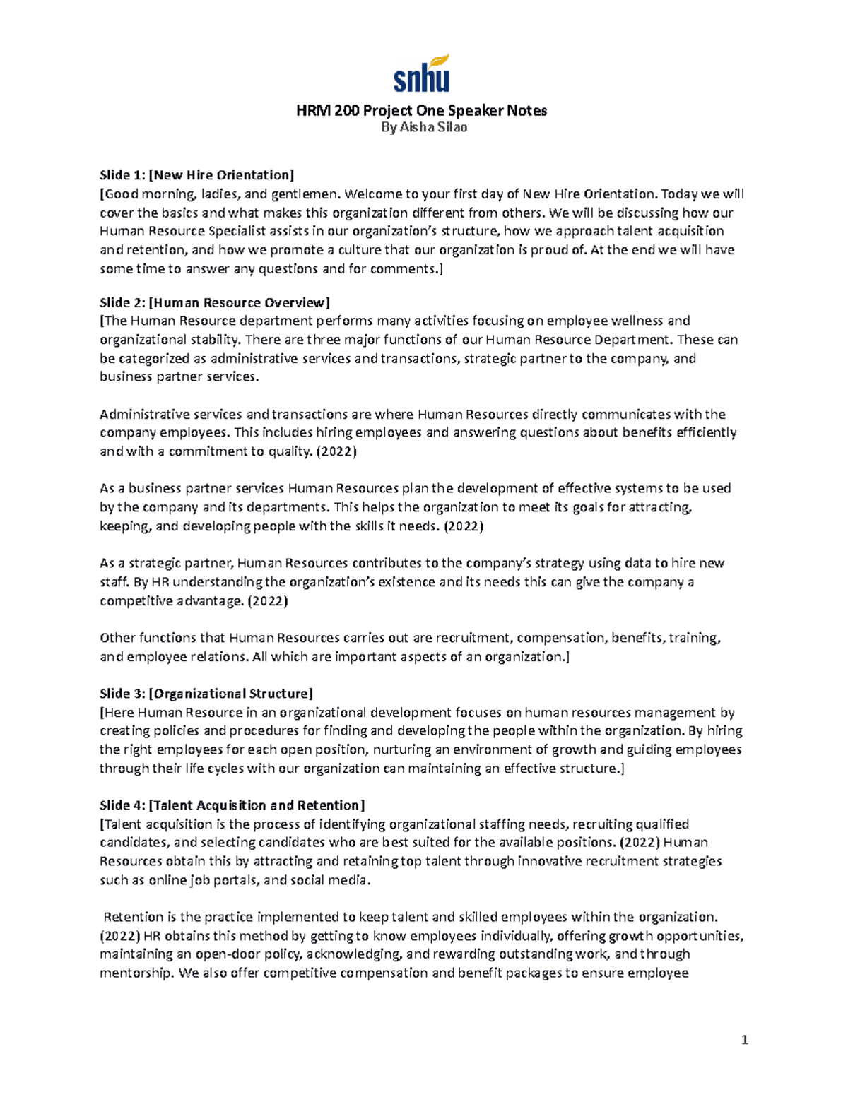 HRM 200 Project One Speaker Notes Aisha - Welcome to your first day of ...